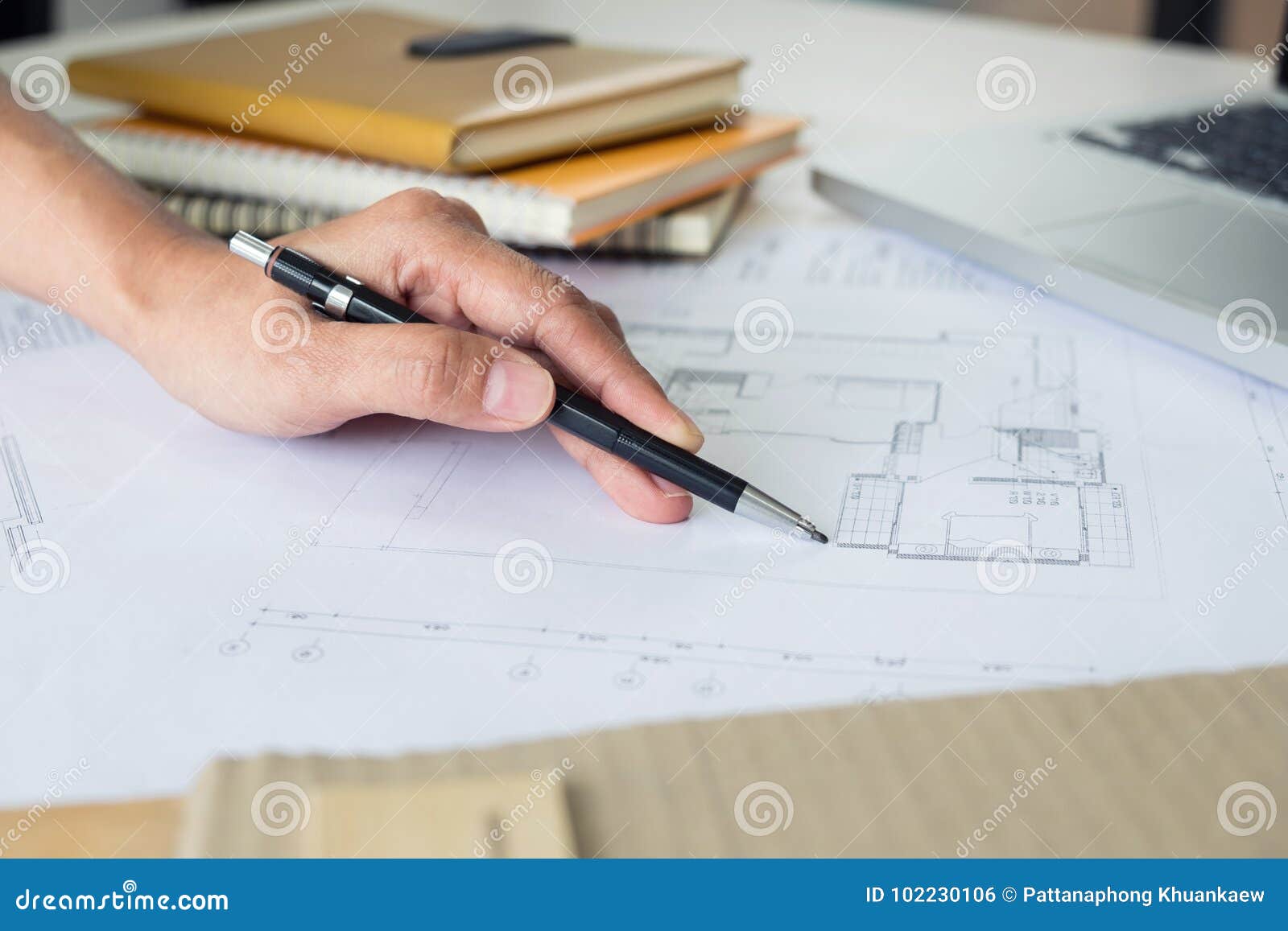 Architect Working on Blueprint, Engineer Working with Engineering Tools ...
