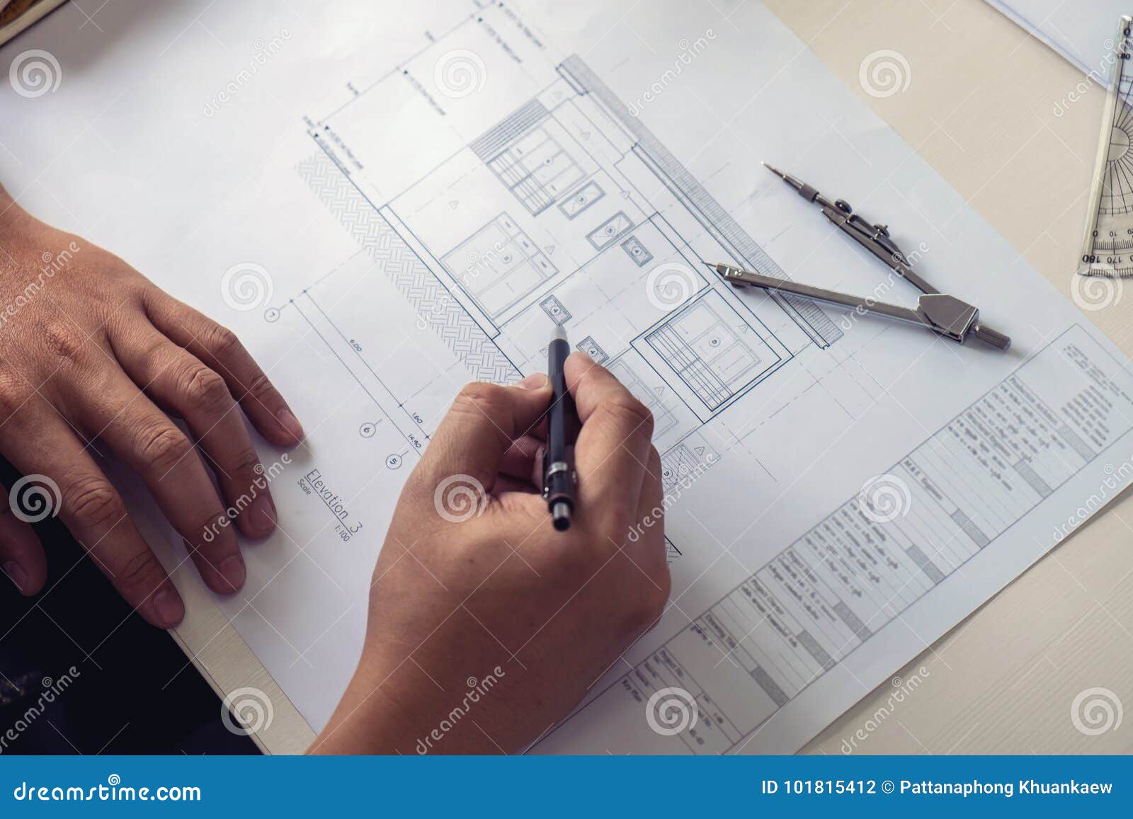 Architect Working on Blueprint, Engineer Working with Engineering Tools ...