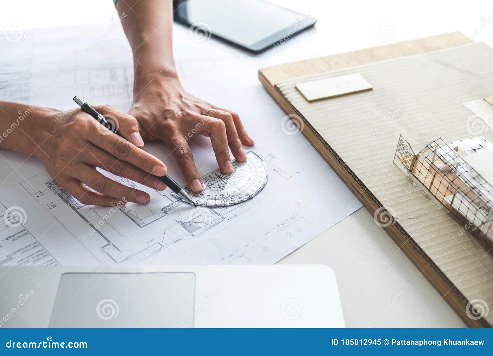 Architect Working on Blueprint, Engineer Working with Engineering Tools ...