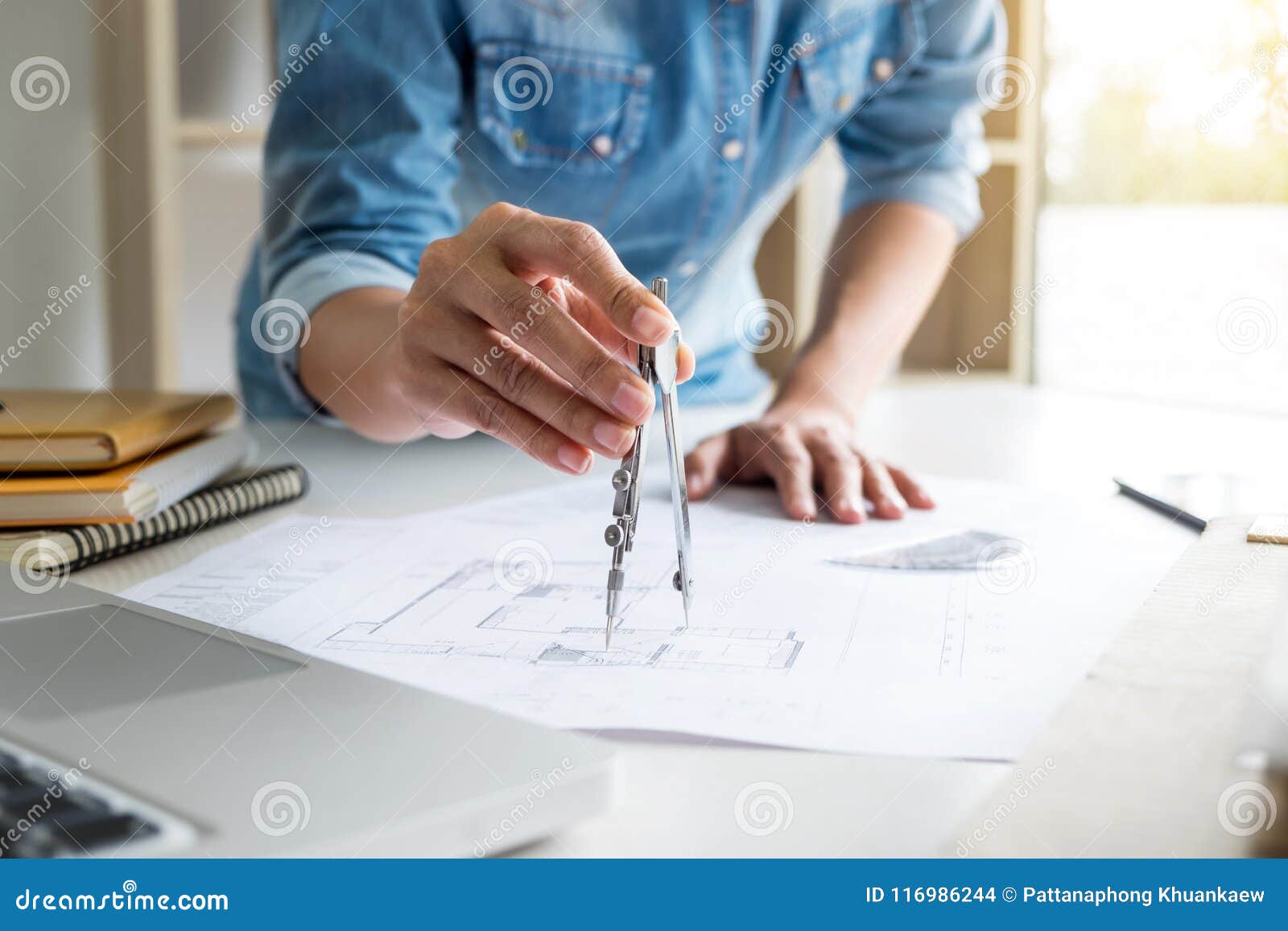 Architect Working on Blueprint, Engineer Working with Engineering Tools ...