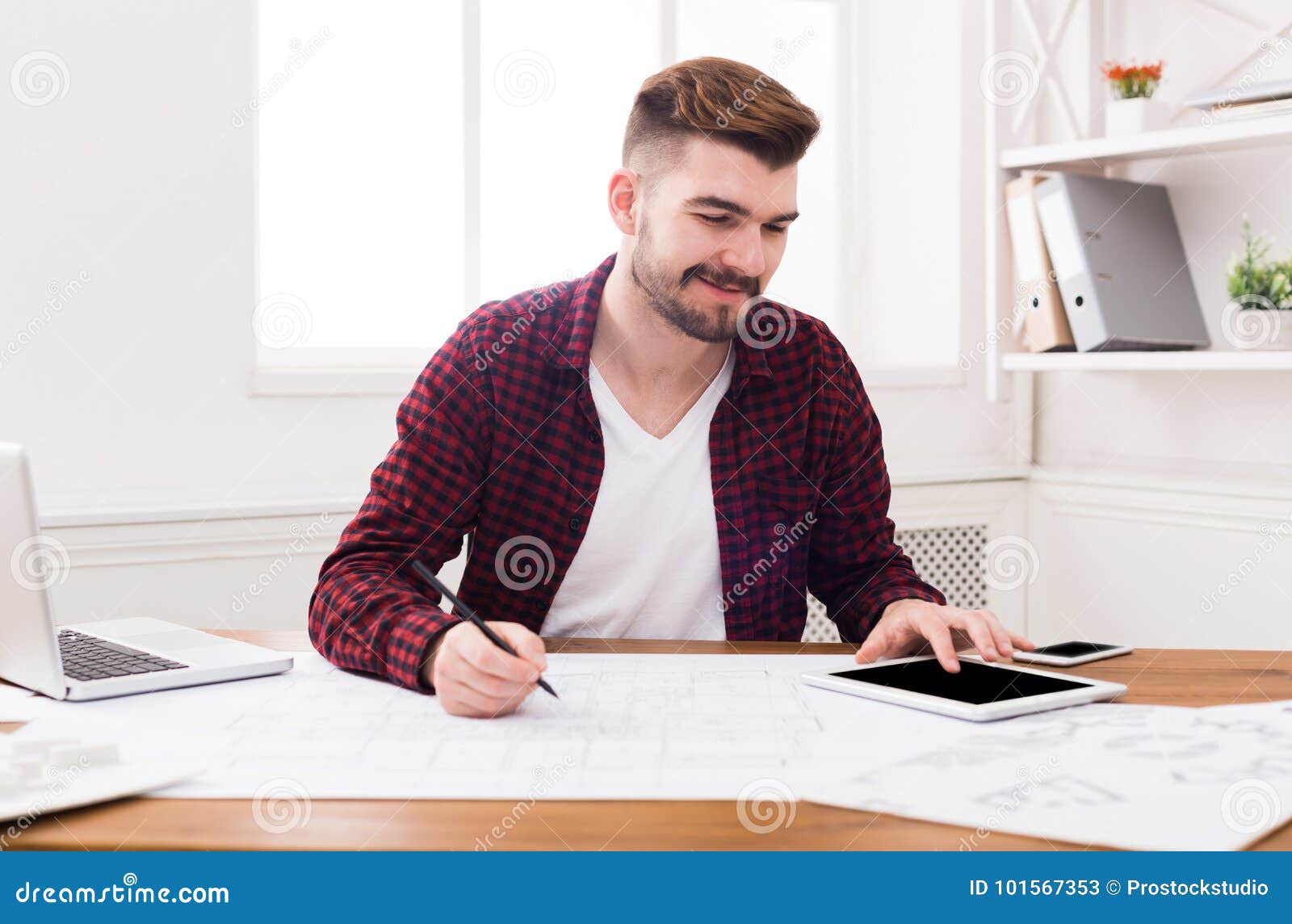 Architect Working on Blueprint in Office Stock Image - Image of ...