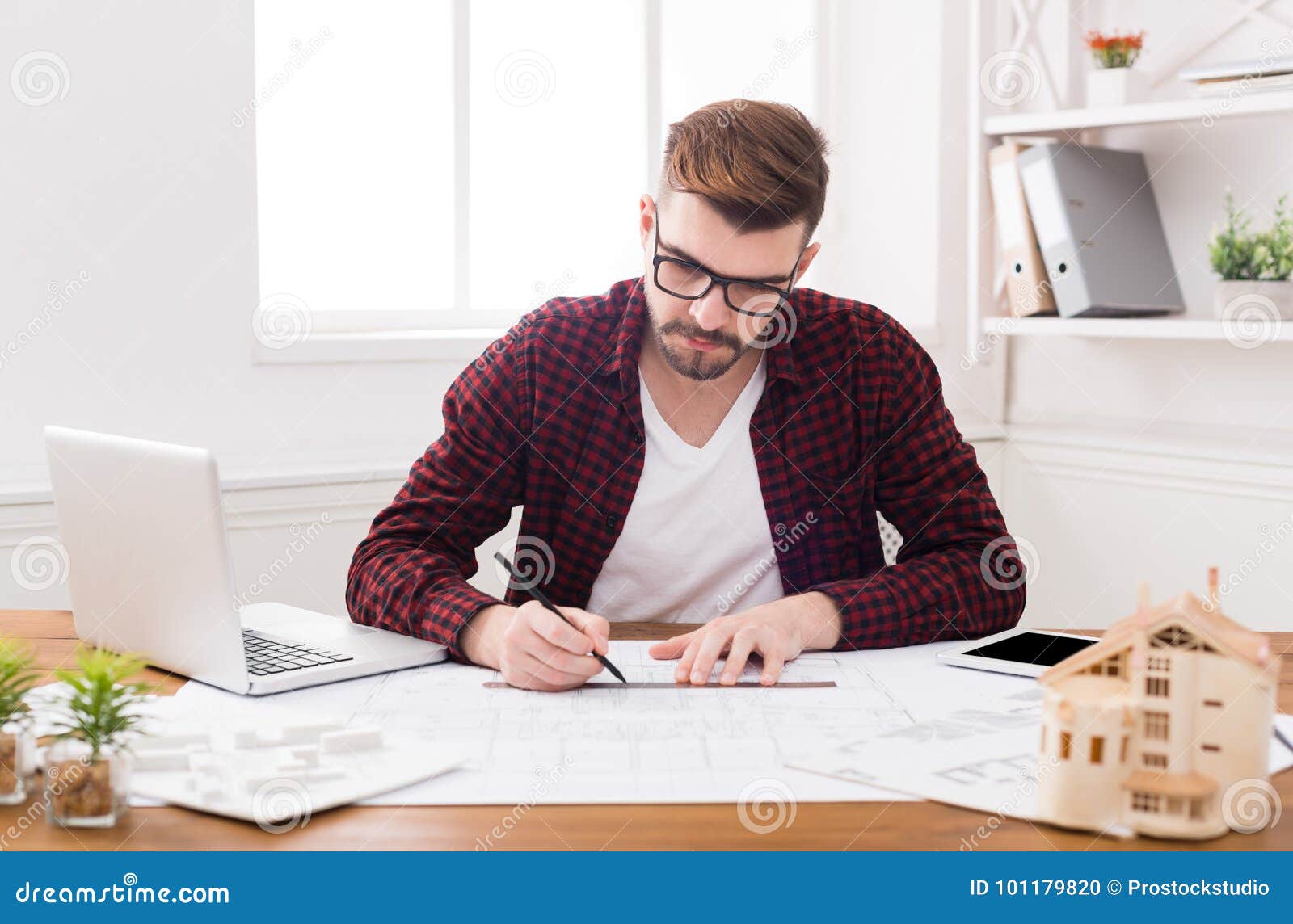 Architect Working on Blueprint in Office Stock Photo - Image of busy ...