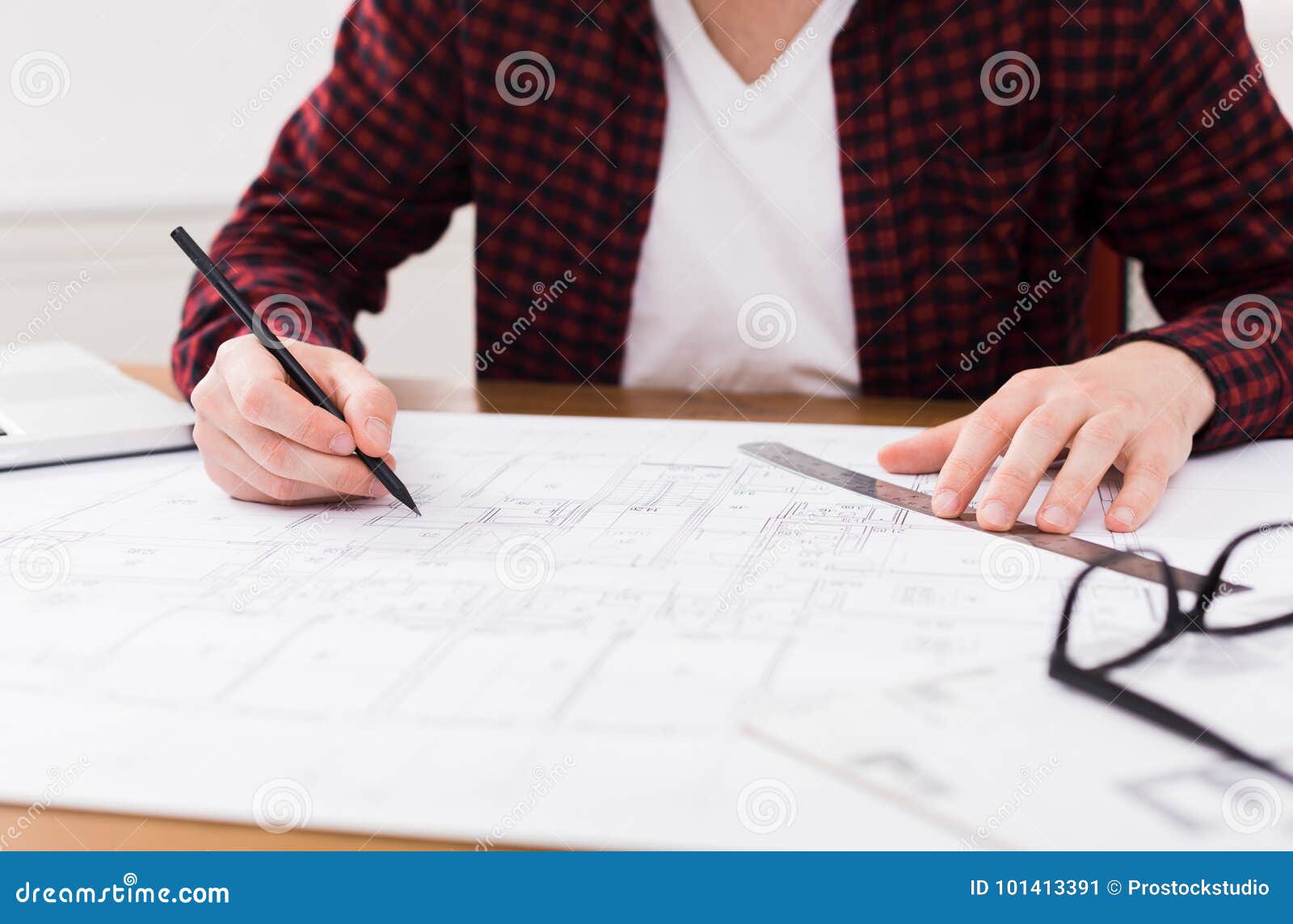 Architect Working on Blueprint in Office Stock Image - Image of plan ...