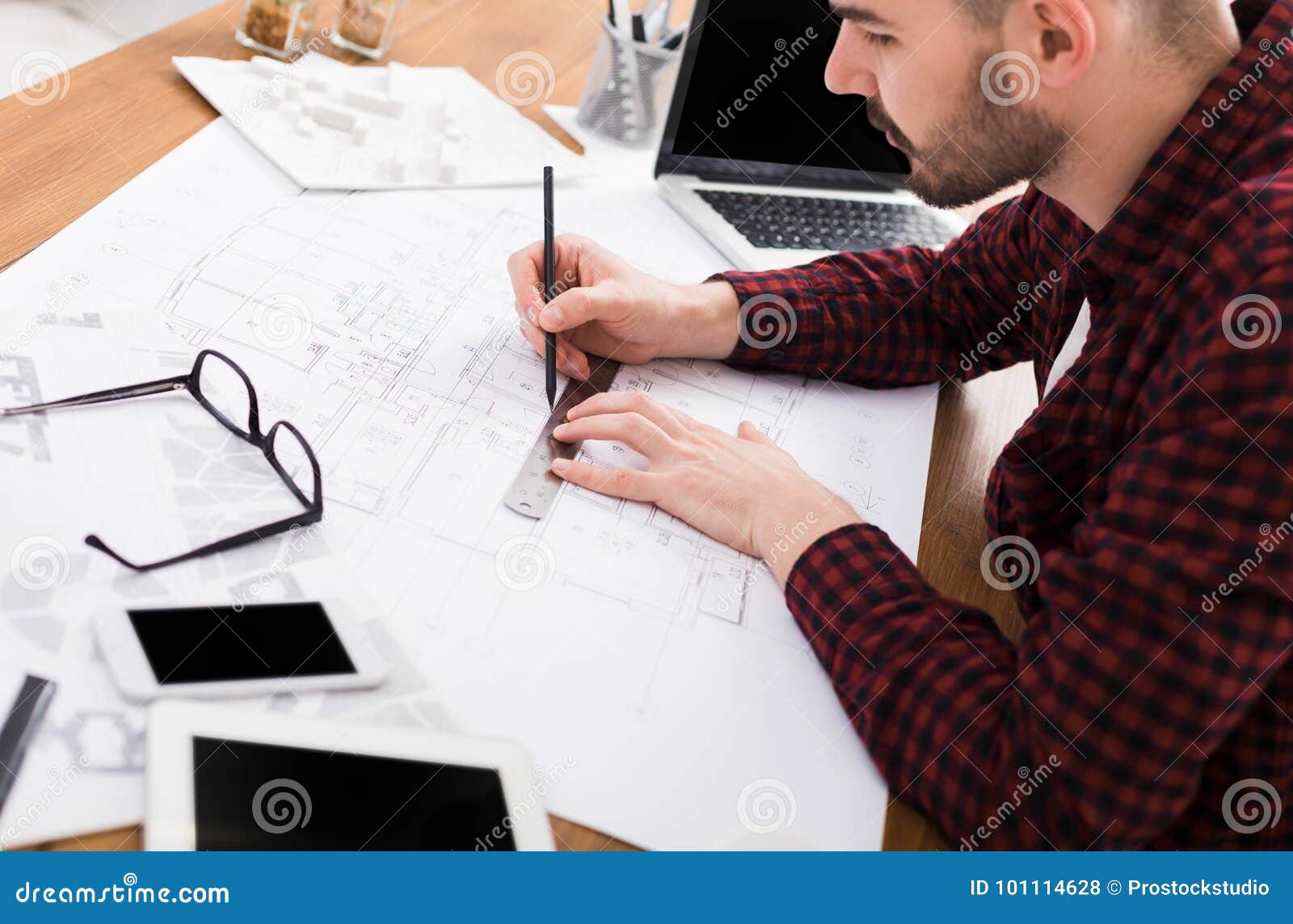 Architect Working on Blueprint in Office Stock Photo - Image of house ...