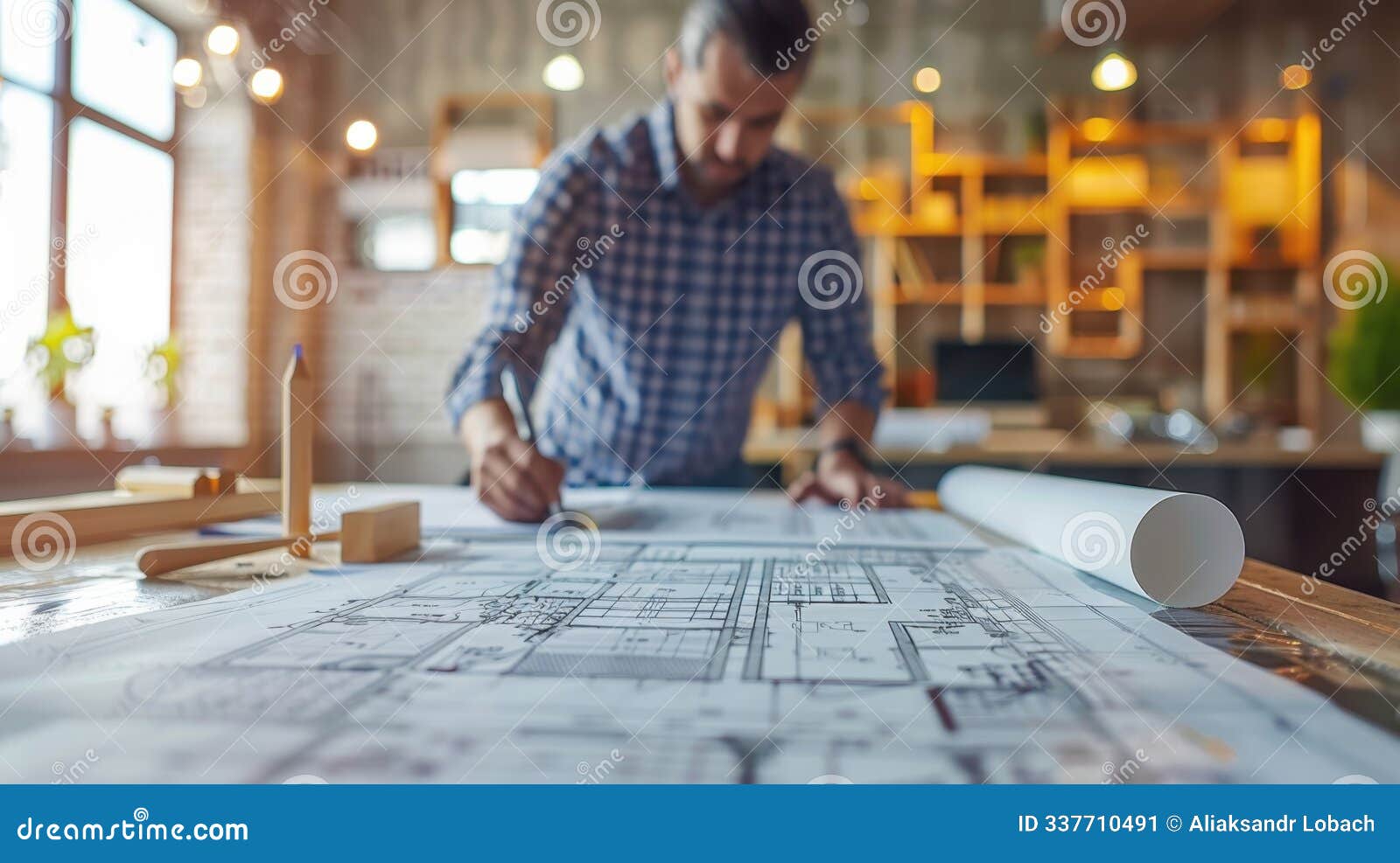 The Architect is Working on a Blueprint of the Project in the Room. an ...