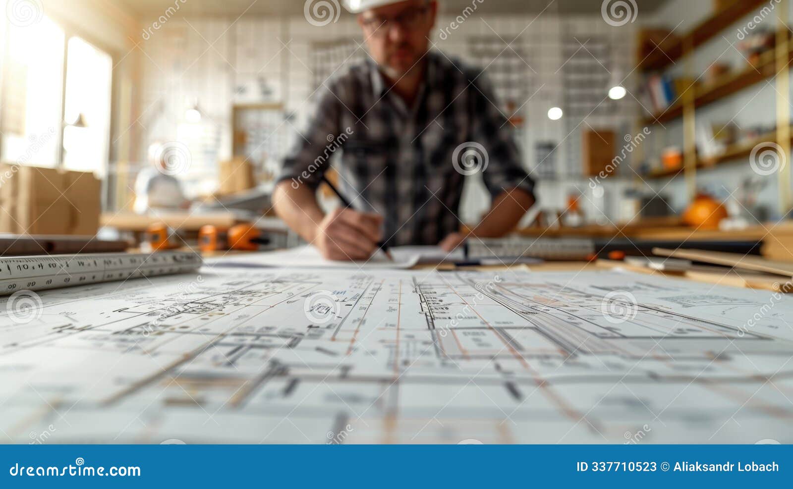 The Architect is Working on a Blueprint of the Project in the Room. an ...