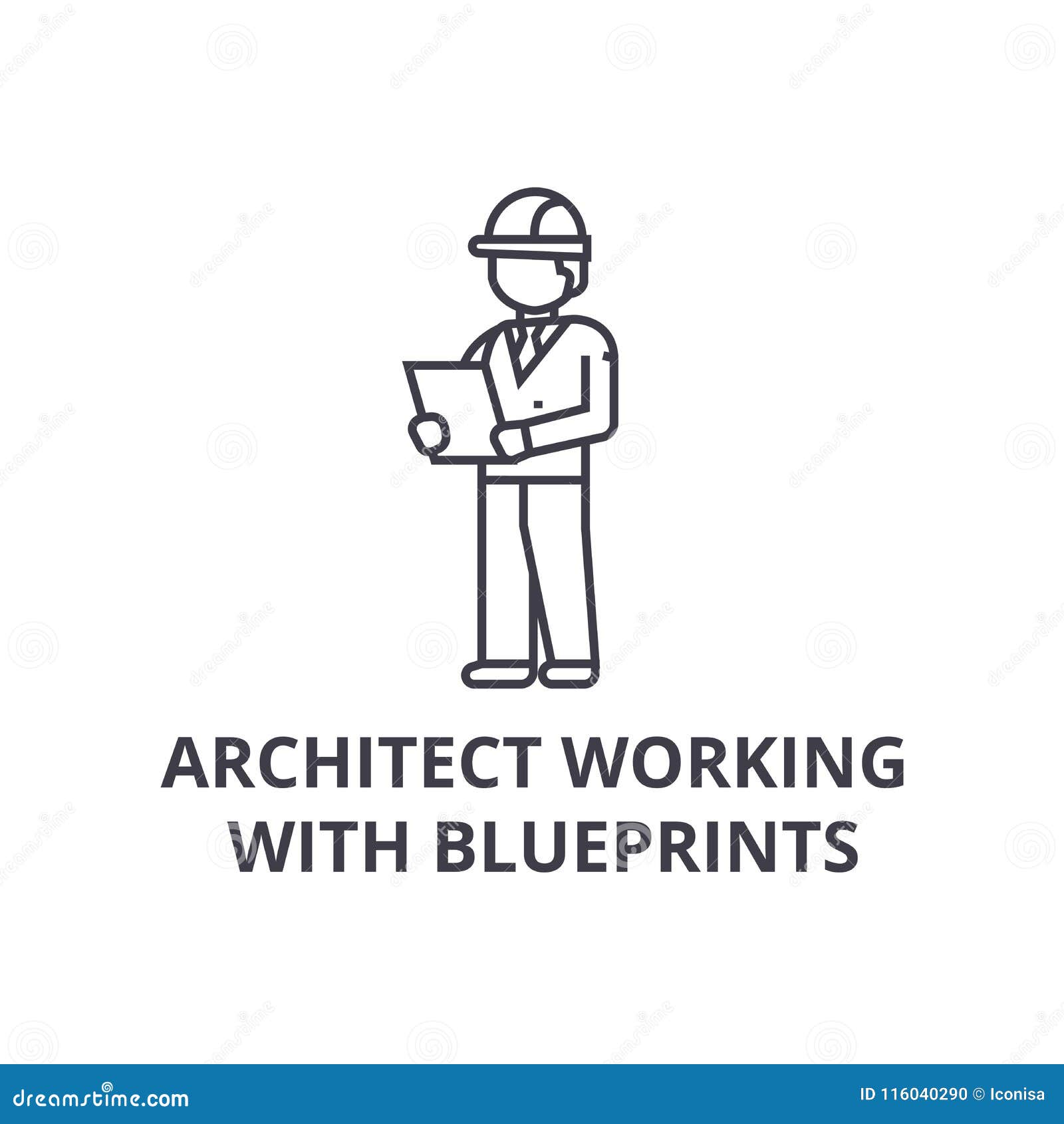 Architect Working with Blueprints Vector Line Icon, Sign, Illustration ...