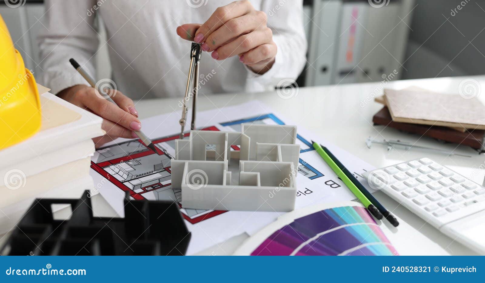 Architect is Working with a Compass on Building Plan Closeup Stock ...