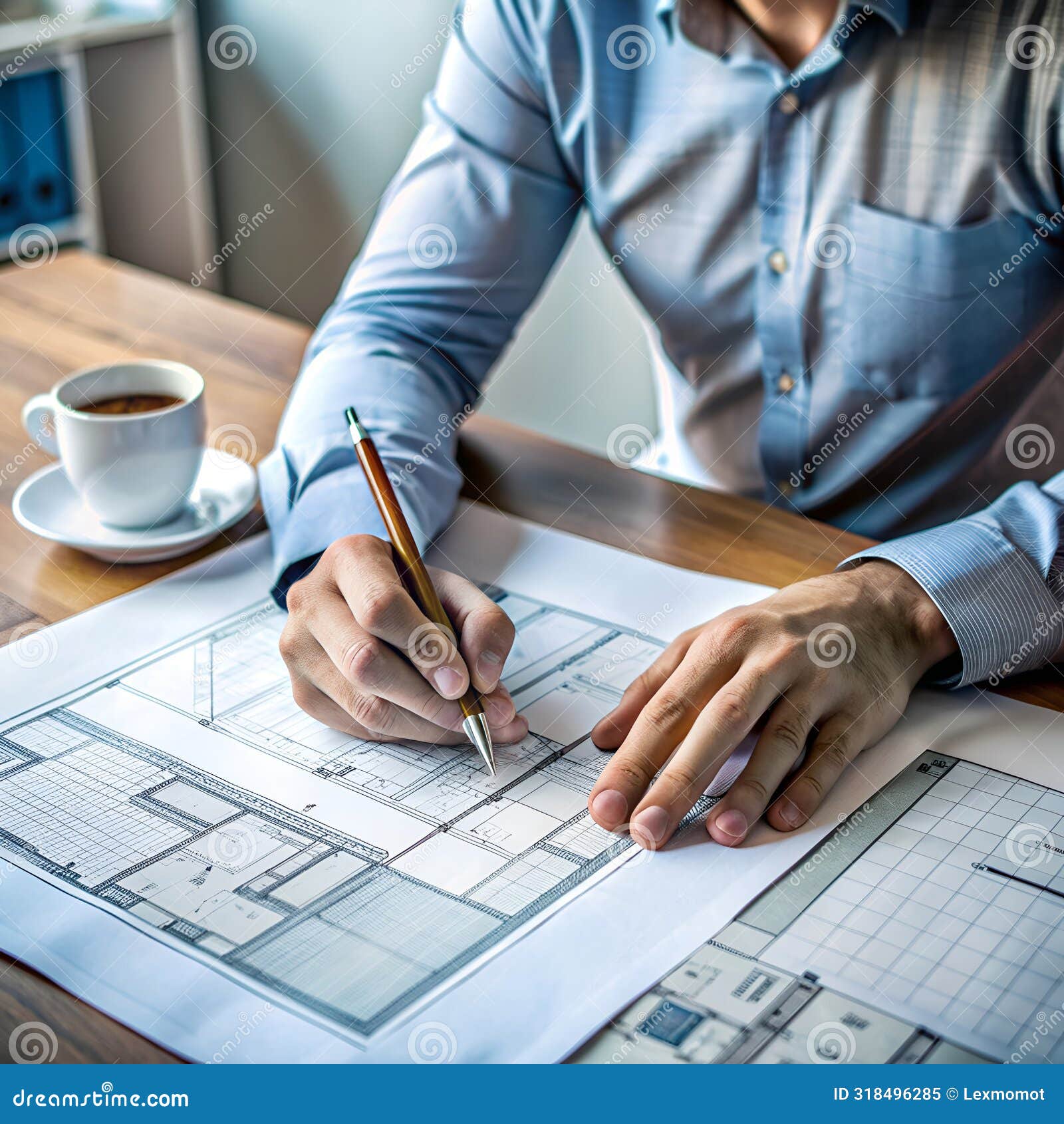 Architect Working on a Detailed Blueprint, Illustrating Design and ...