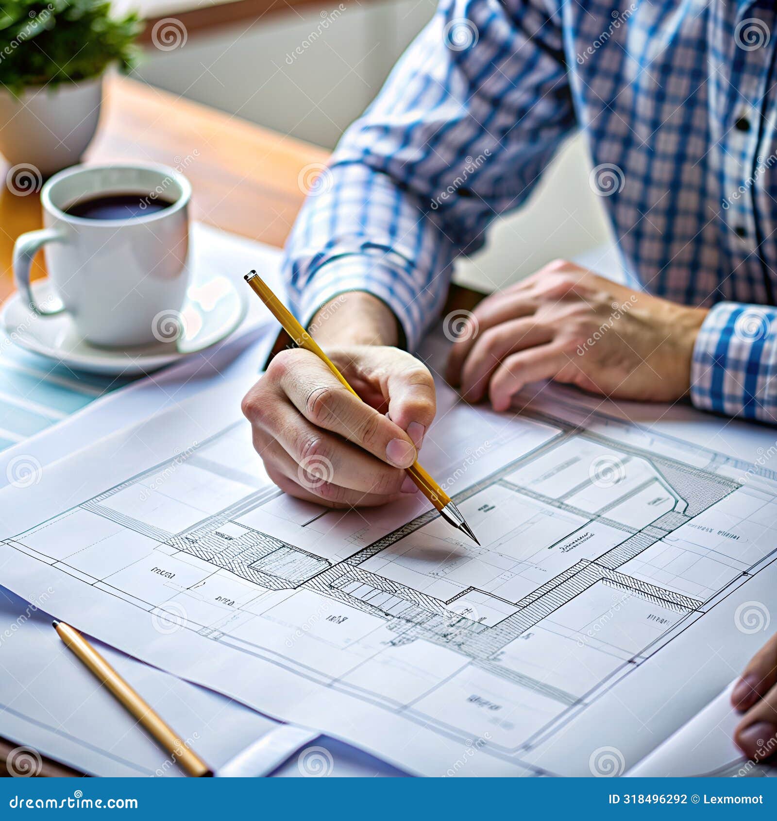 Architect Working On A Detailed Blueprint, Illustrating Design And ...