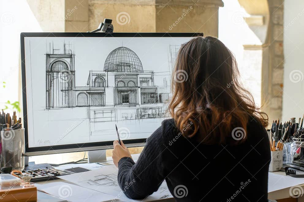 Architect Working on a Detailed Building Design in a Bright Studio ...