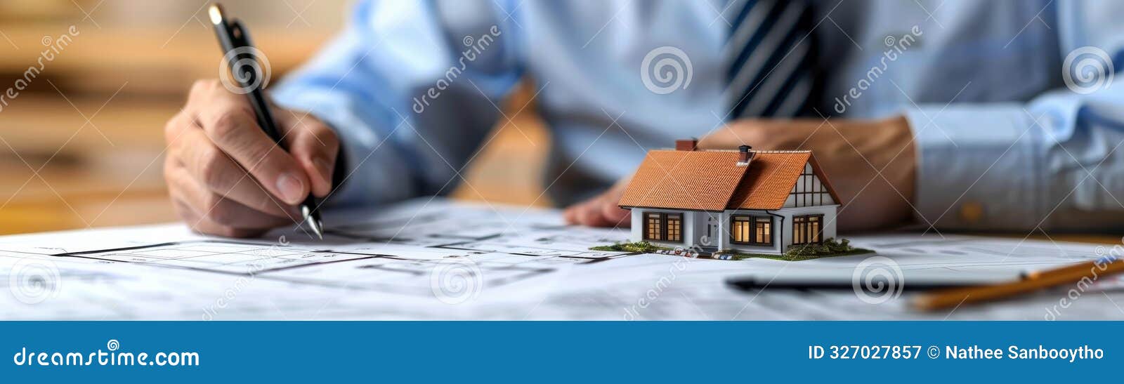 Architect Working On A Detailed House Blueprint With A Scale Model ...