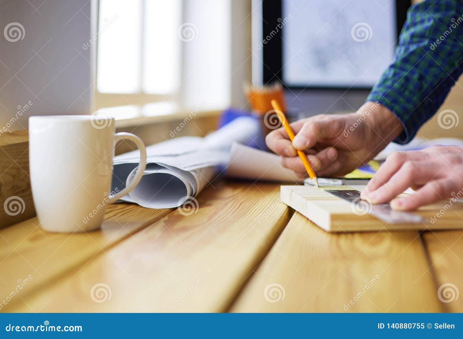 Architect Working on Drawing Table in Office Stock Image - Image of ...