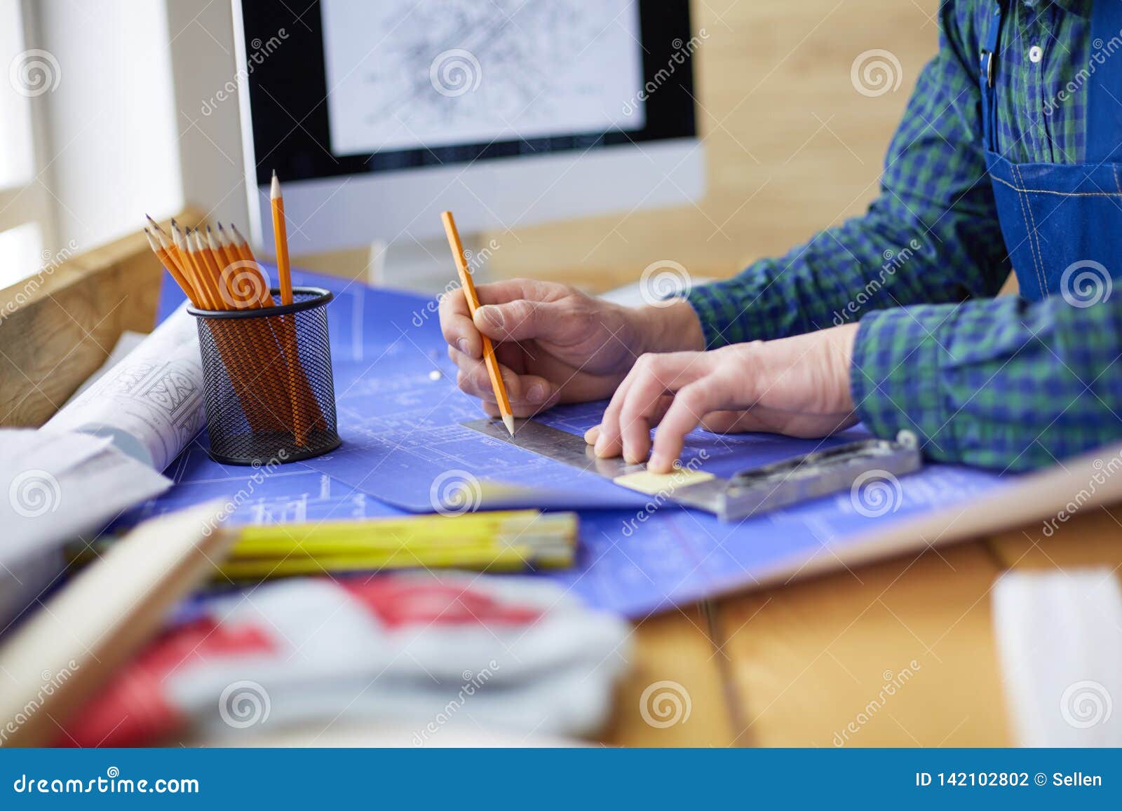Architect Working on Drawing Table in Office Stock Photo - Image of ...