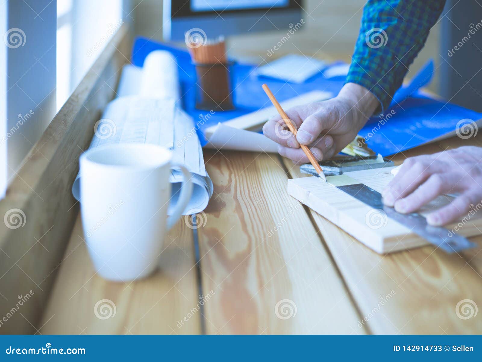 Architect Working on Drawing Table in Office Stock Image - Image of ...