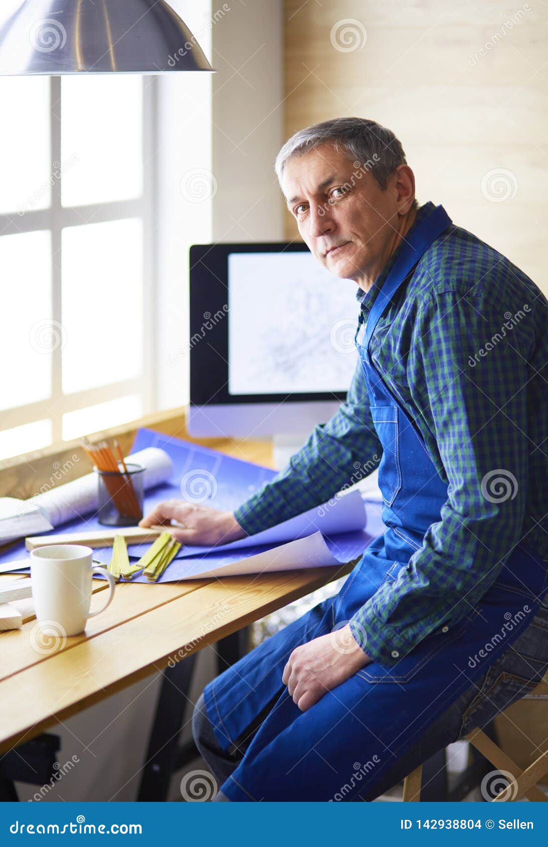 Architect Working on Drawing Table in Office Stock Photo - Image of ...