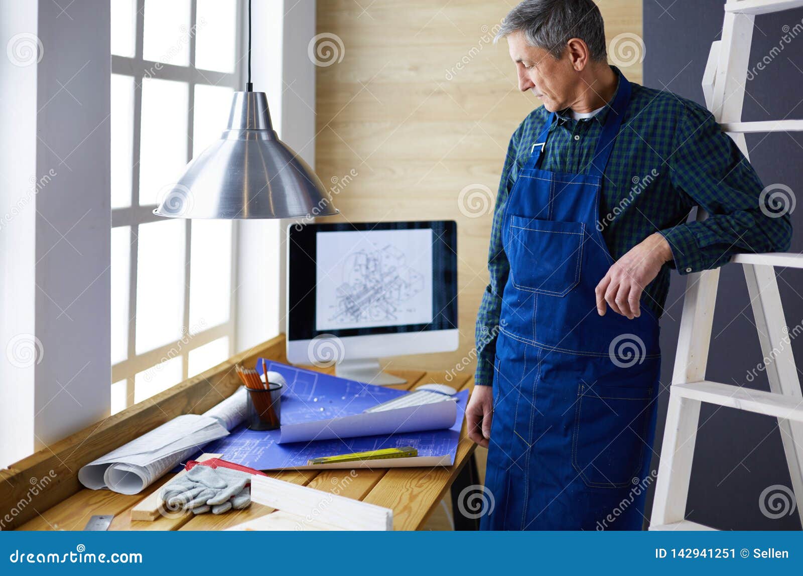 Architect Working on Drawing Table in Office Stock Image - Image of ...