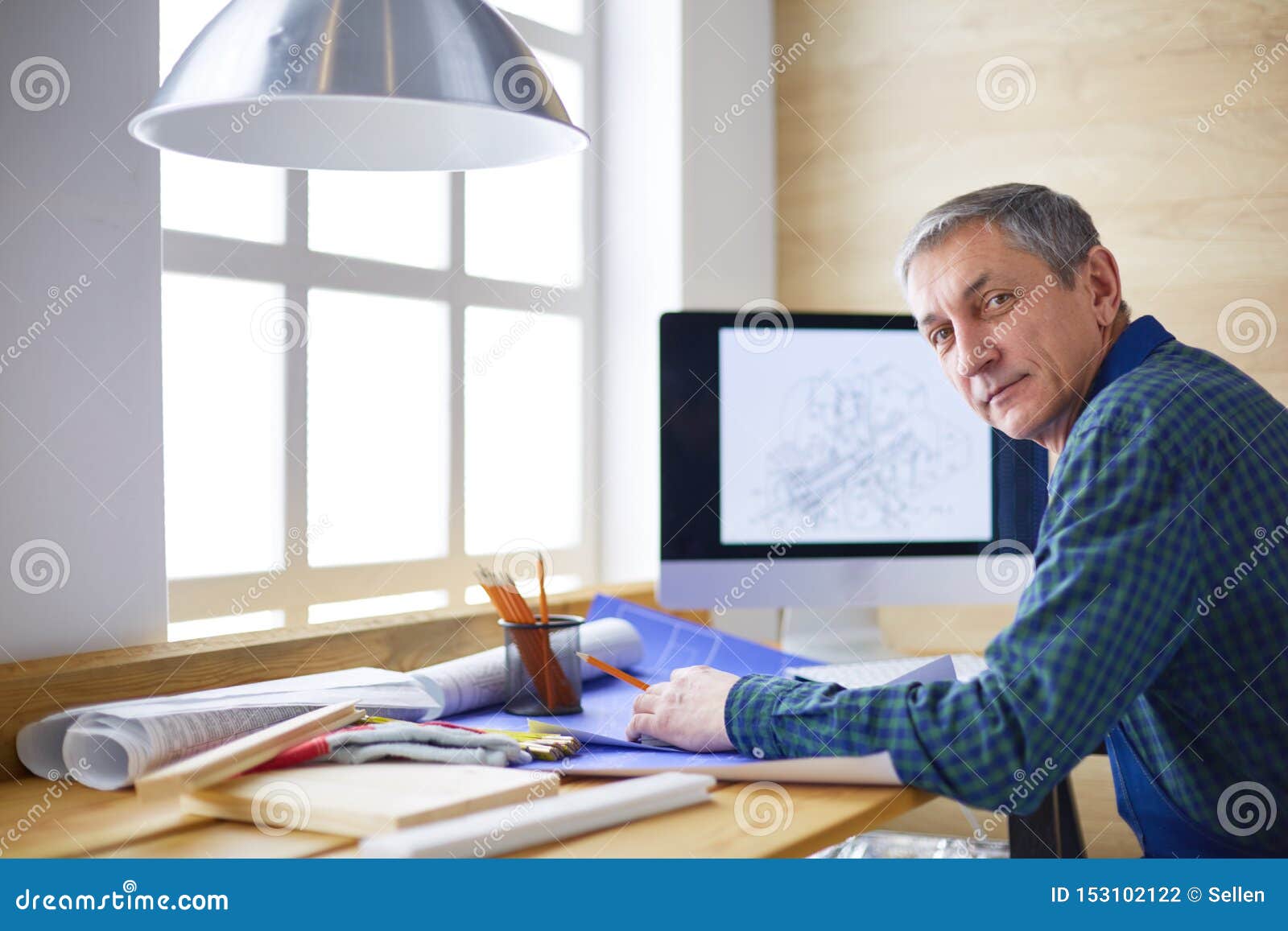 Architect Working on Drawing Table in Office Stock Photo - Image of ...
