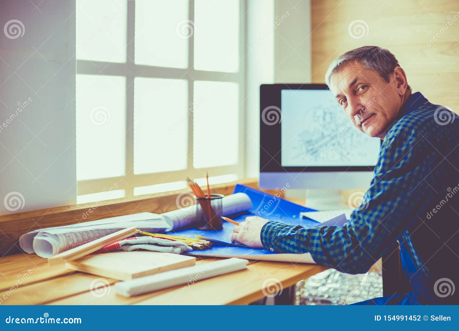 Architect Working on Drawing Table in Office Stock Photo - Image of ...