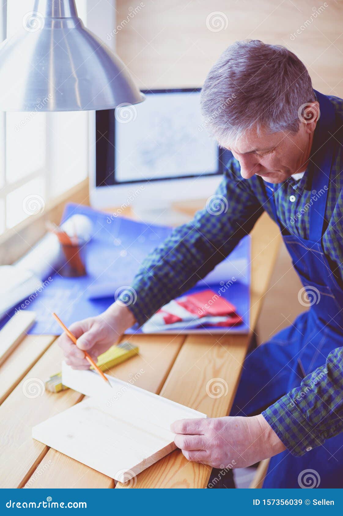 Architect Working on Drawing Table in Office Stock Image - Image of ...