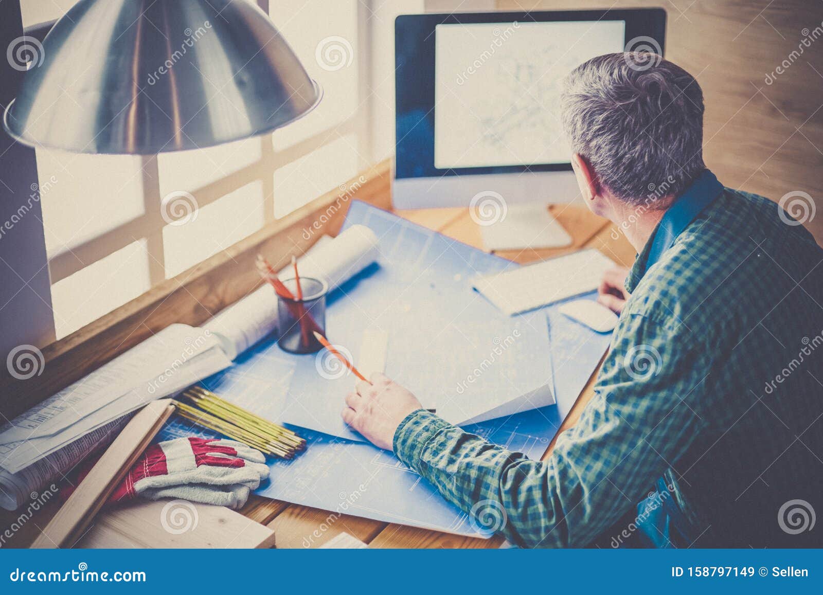 Architect Working on Drawing Table in Office Stock Image - Image of ...