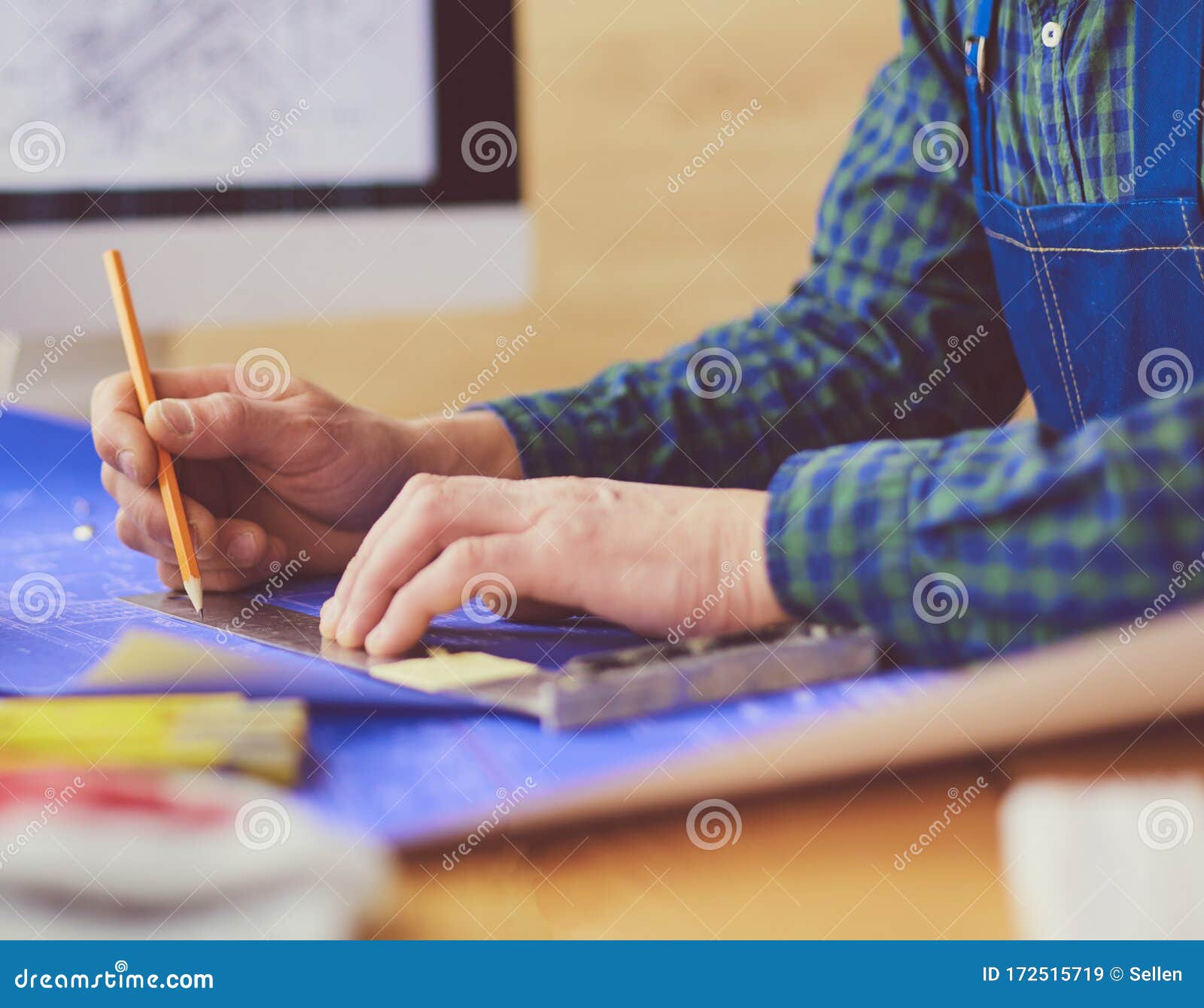 Architect Working on Drawing Table in Office Stock Image - Image of ...