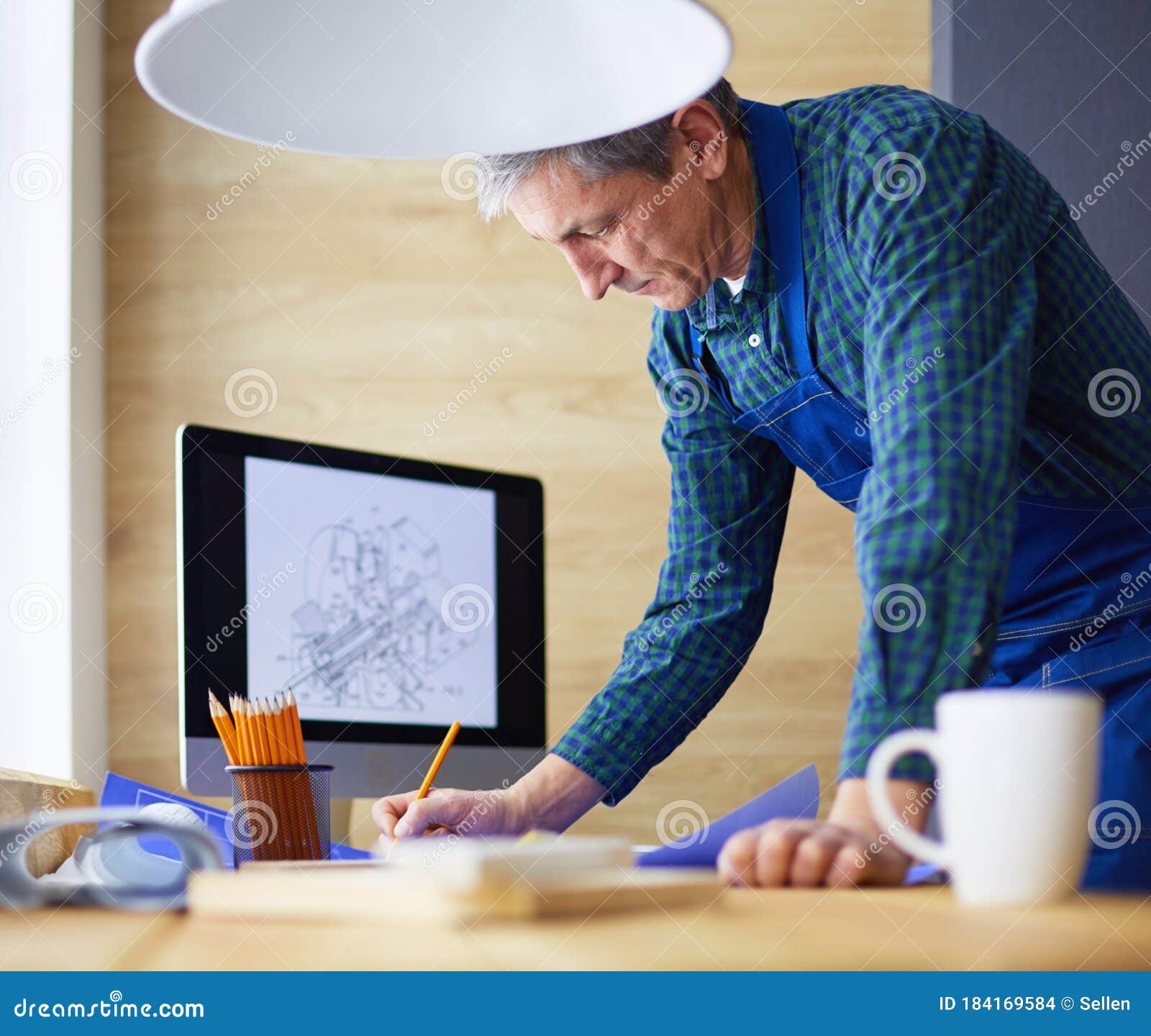 Architect Working on Drawing Table in Office Stock Photo - Image of ...
