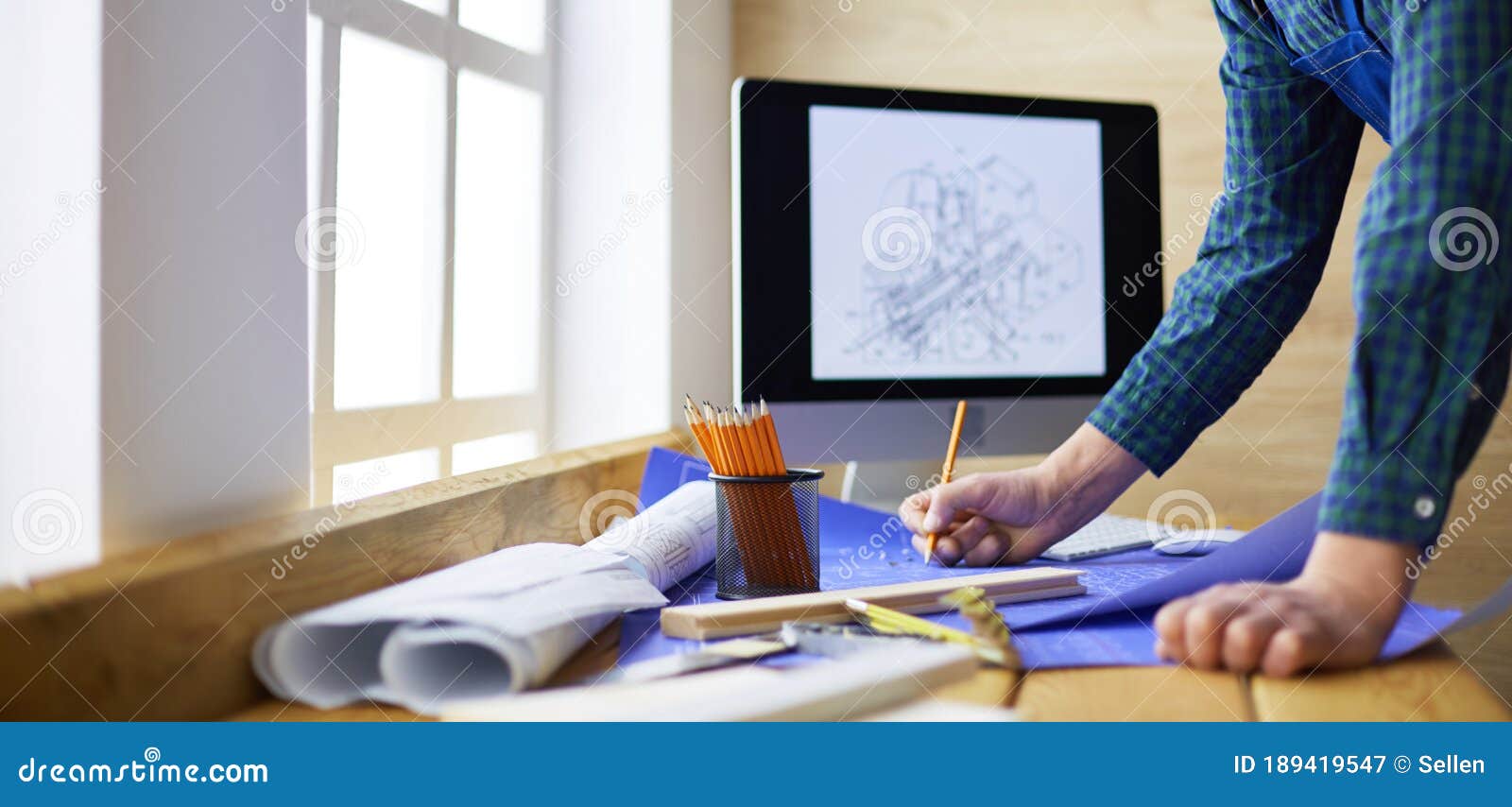 Architect Working on Drawing Table in Office Stock Image - Image of ...