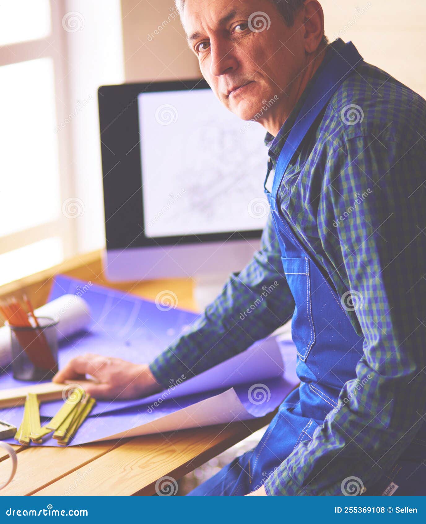Architect Working on Drawing Table in Office Stock Photo - Image of ...