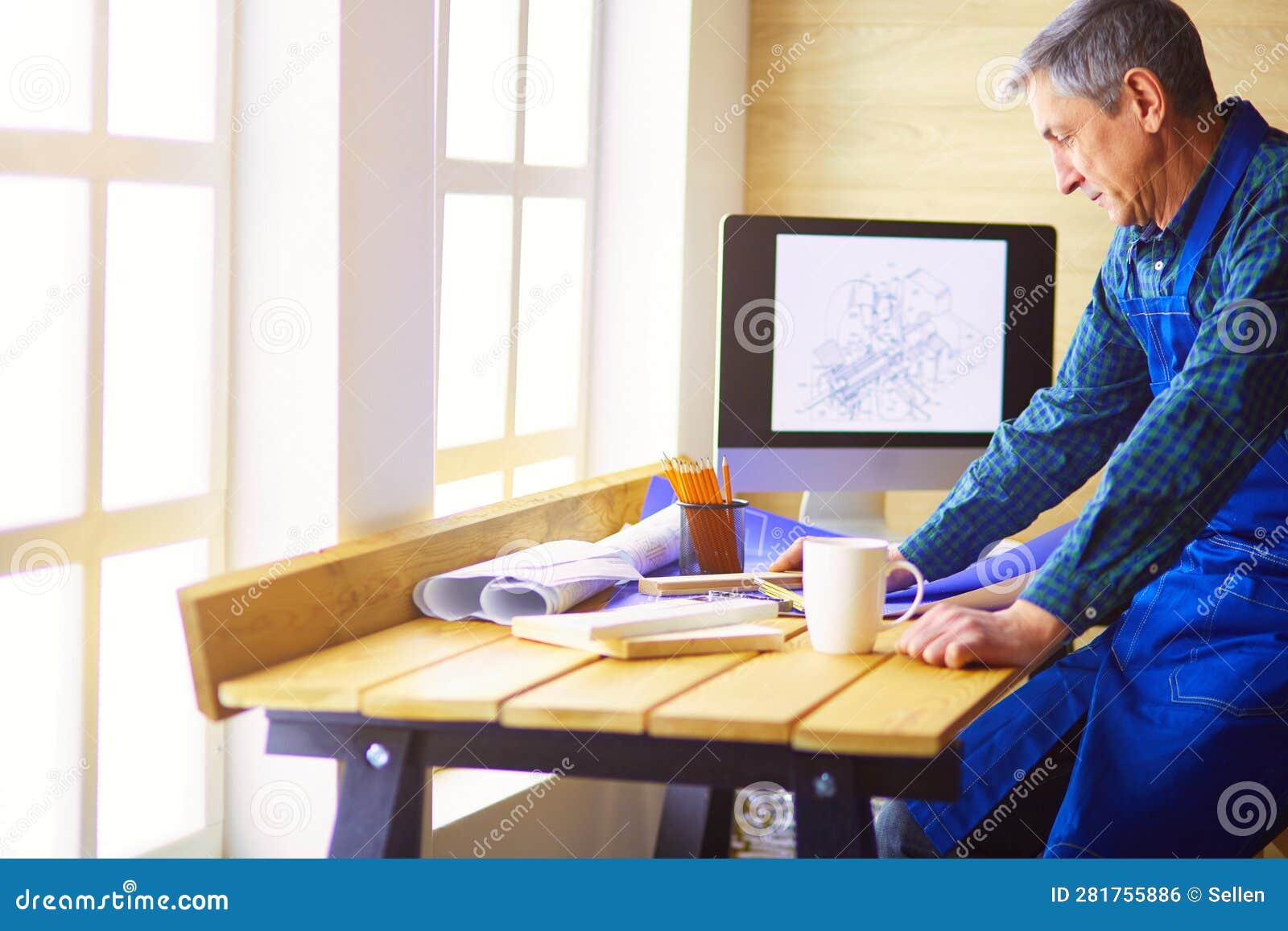 Architect Working on Drawing Table in Office Stock Photo - Image of ...