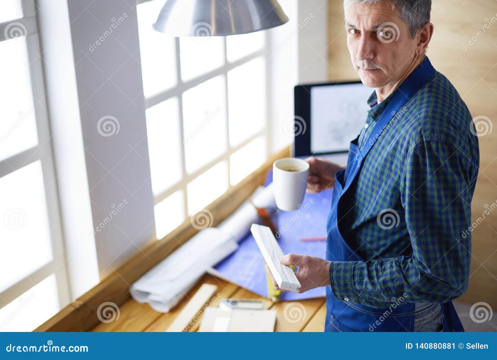 Architect Working on Drawing Table in Office Stock Image - Image of ...