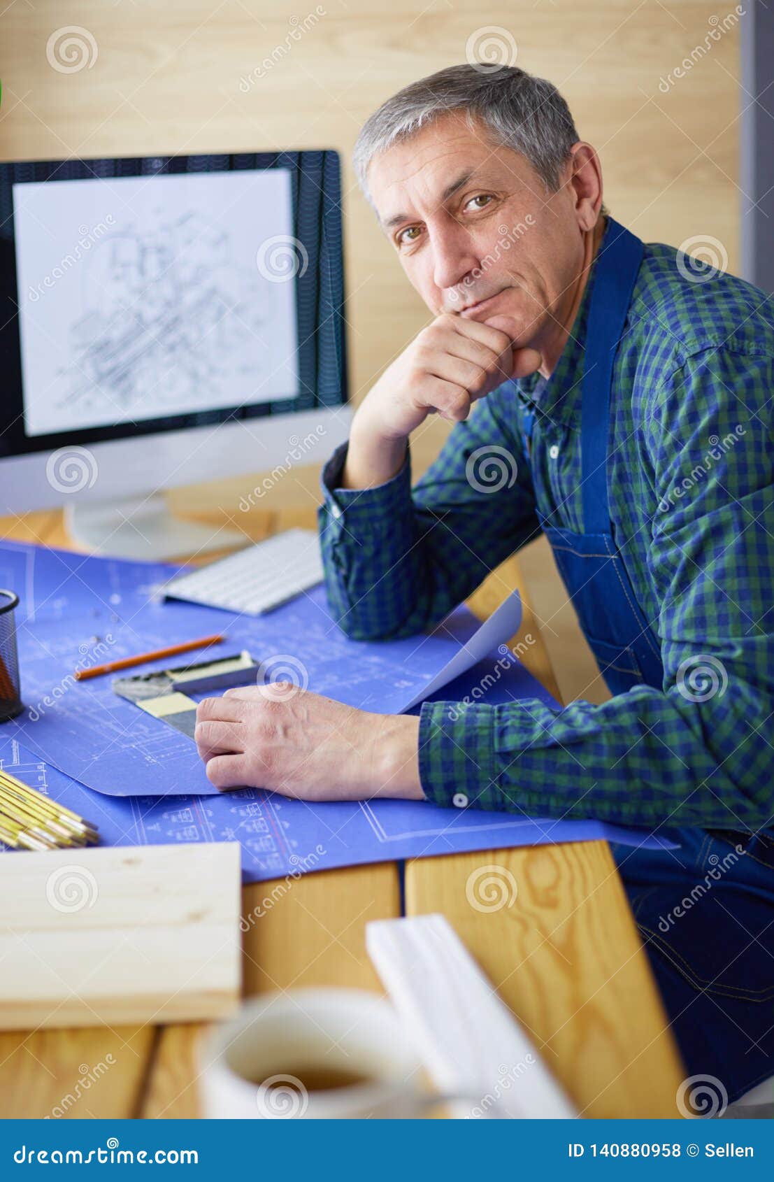 Architect Working on Drawing Table in Office Stock Photo - Image of ...