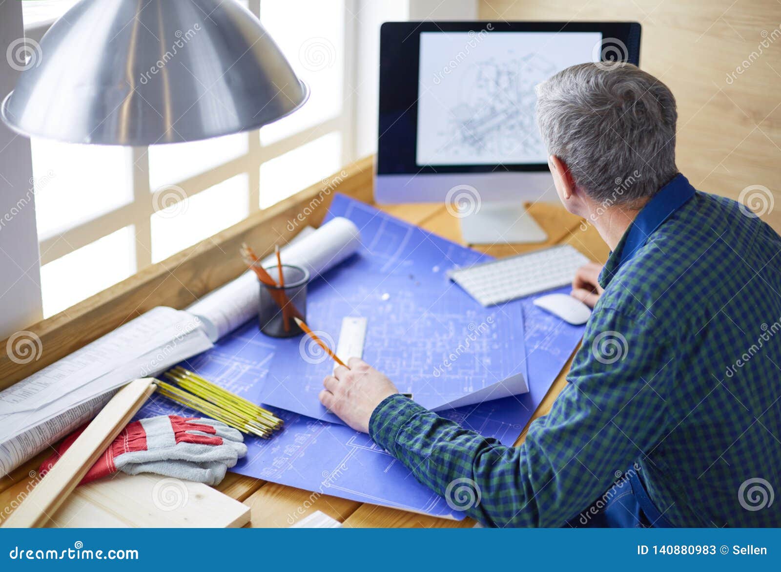 Architect Working on Drawing Table in Office Stock Image - Image of ...