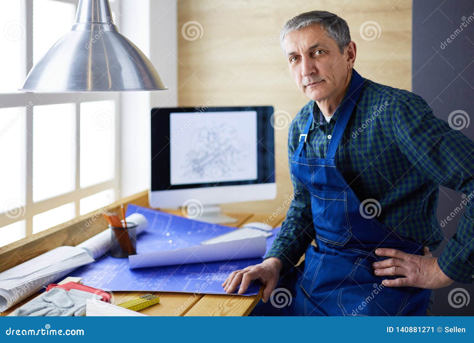 Architect Working on Drawing Table in Office Stock Image - Image of ...