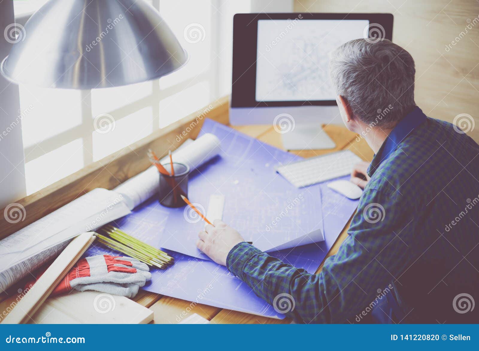 Architect Working on Drawing Table in Office Stock Photo - Image of ...
