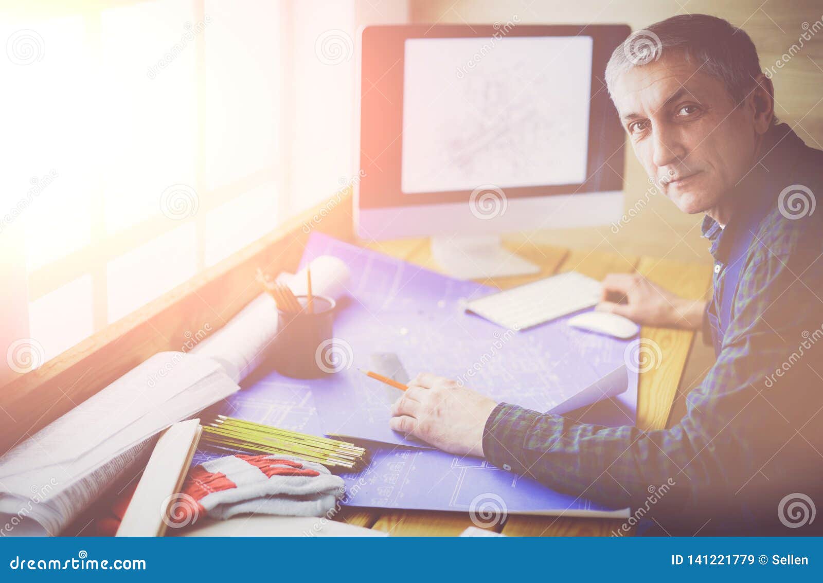 Architect Working on Drawing Table in Office Stock Image - Image of ...