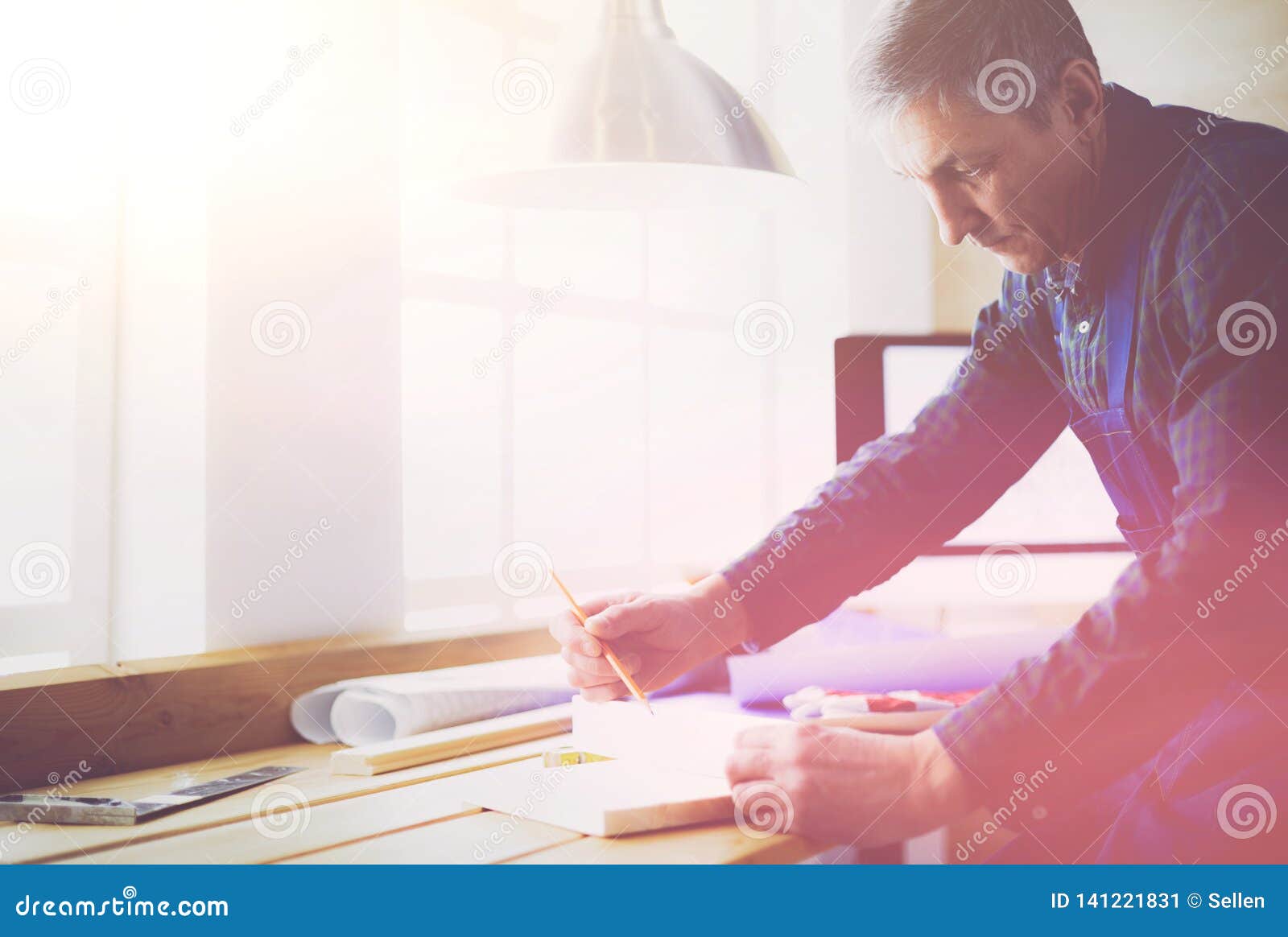 Architect Working on Drawing Table in Office Stock Image - Image of ...