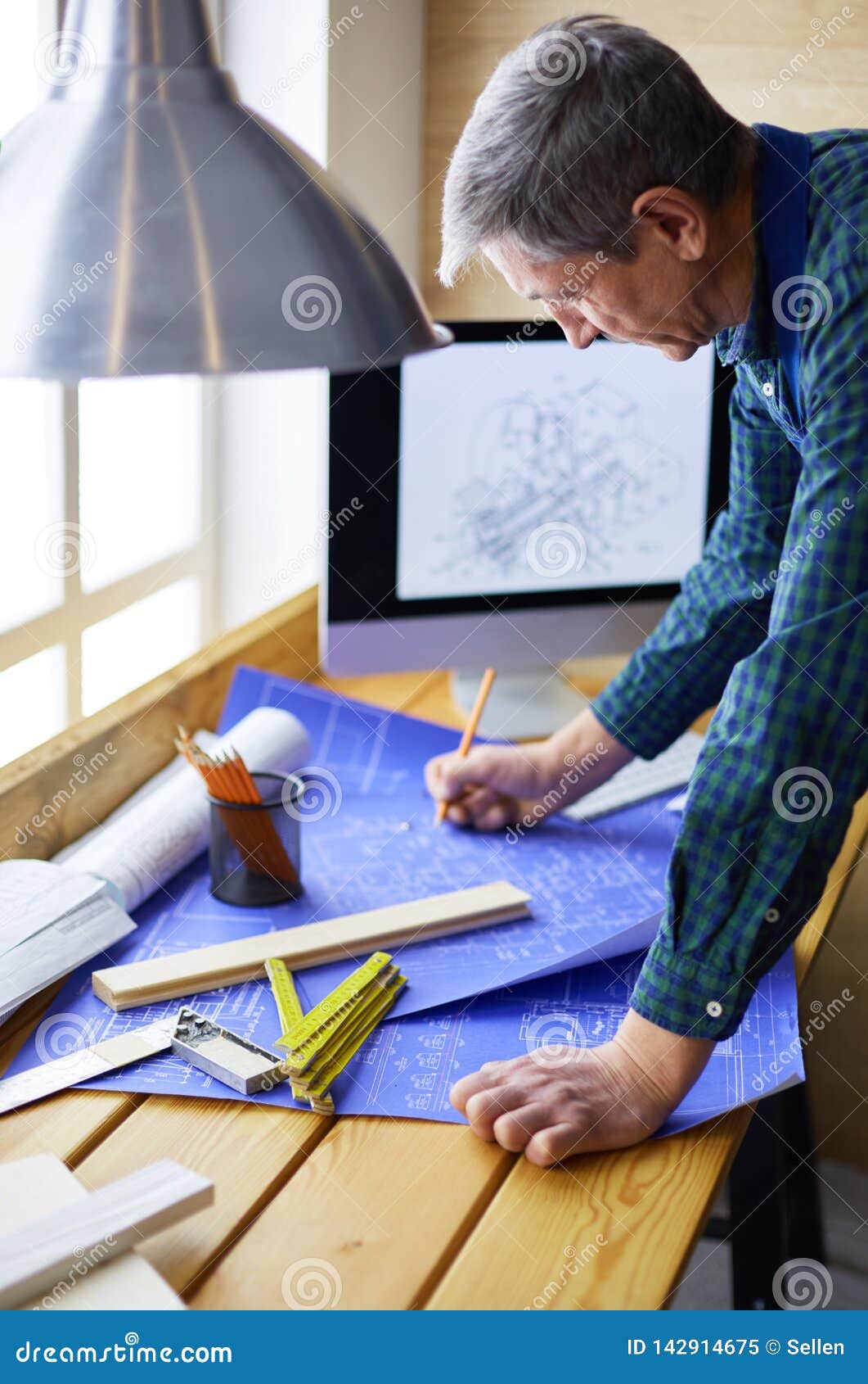 Architect Working on Drawing Table in Office Stock Image - Image of ...