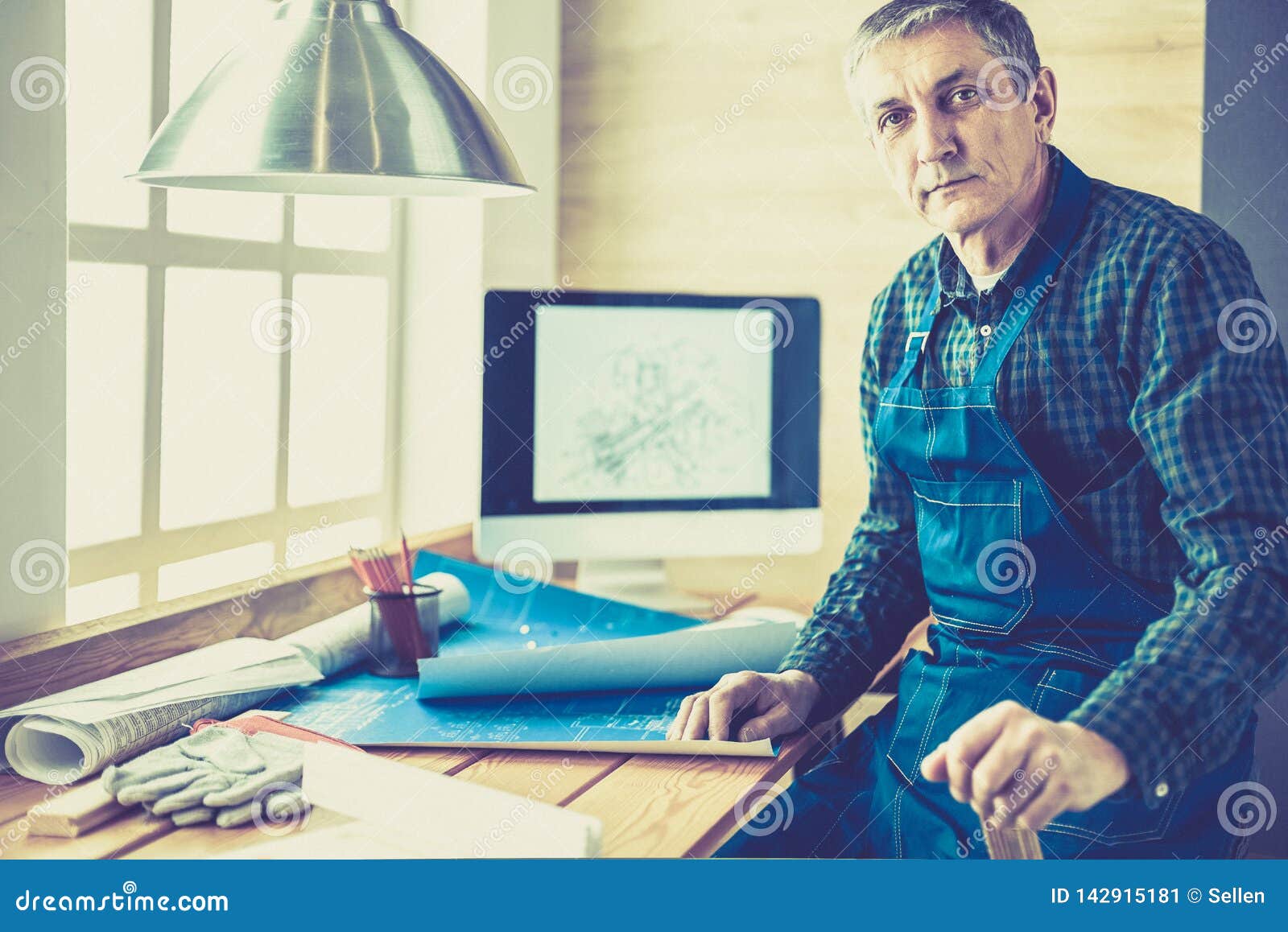 Architect Working on Drawing Table in Office Stock Image - Image of ...
