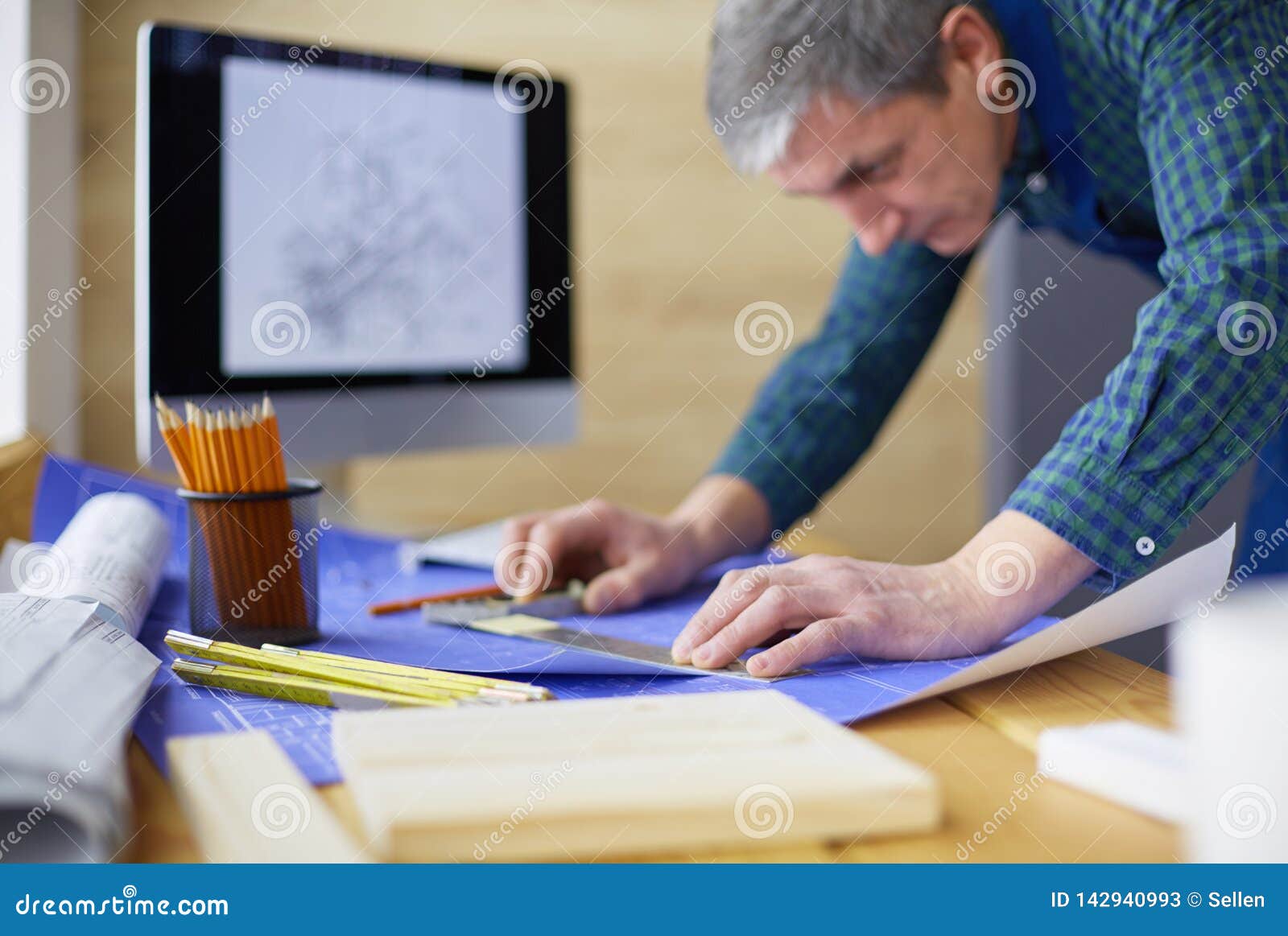 Architect Working on Drawing Table in Office Stock Image - Image of ...