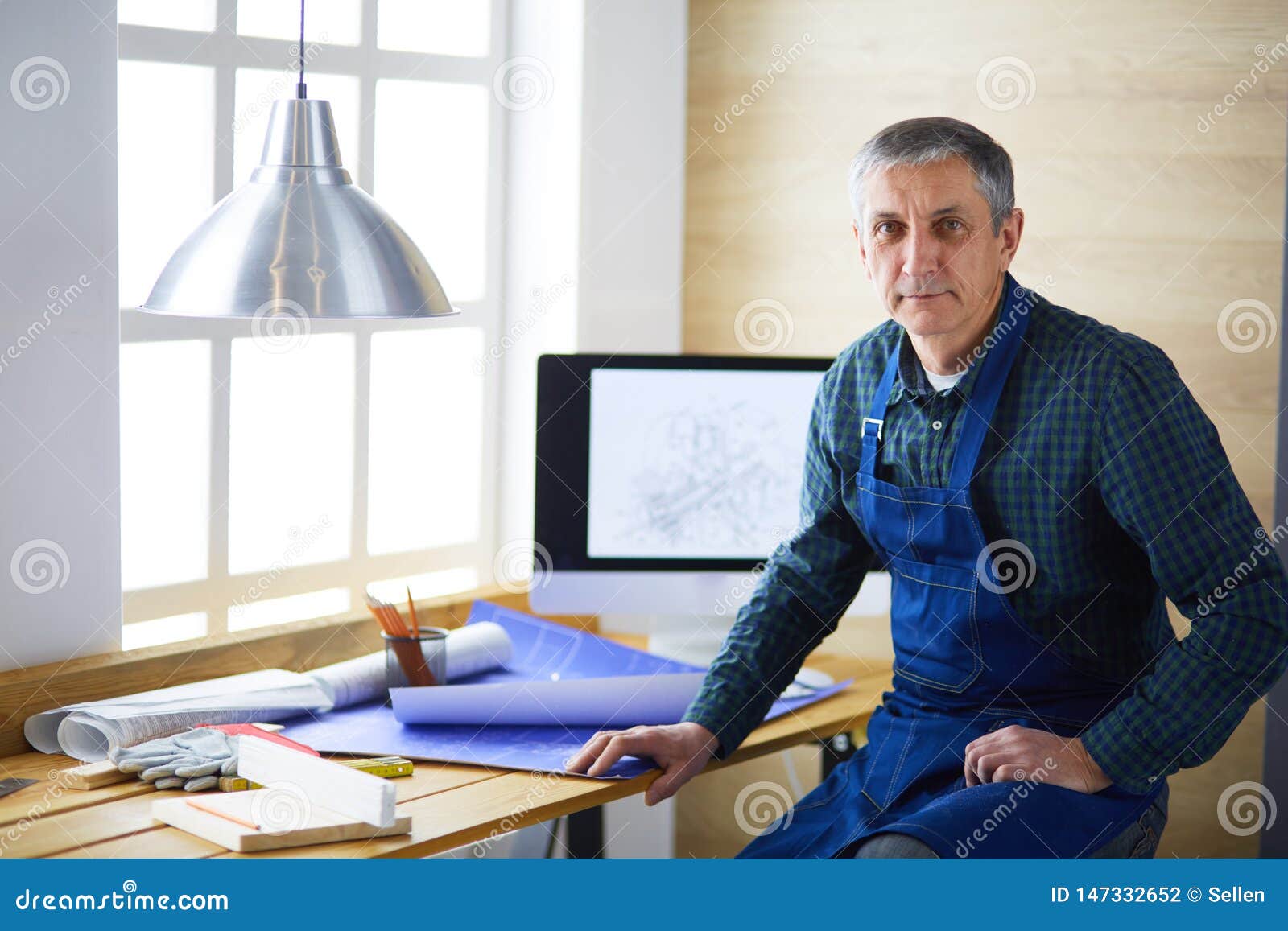Architect Working on Drawing Table in Office Stock Photo - Image of ...