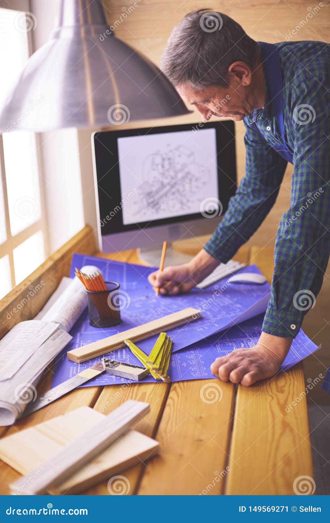 Architect Working on Drawing Table in Office Stock Image - Image of ...