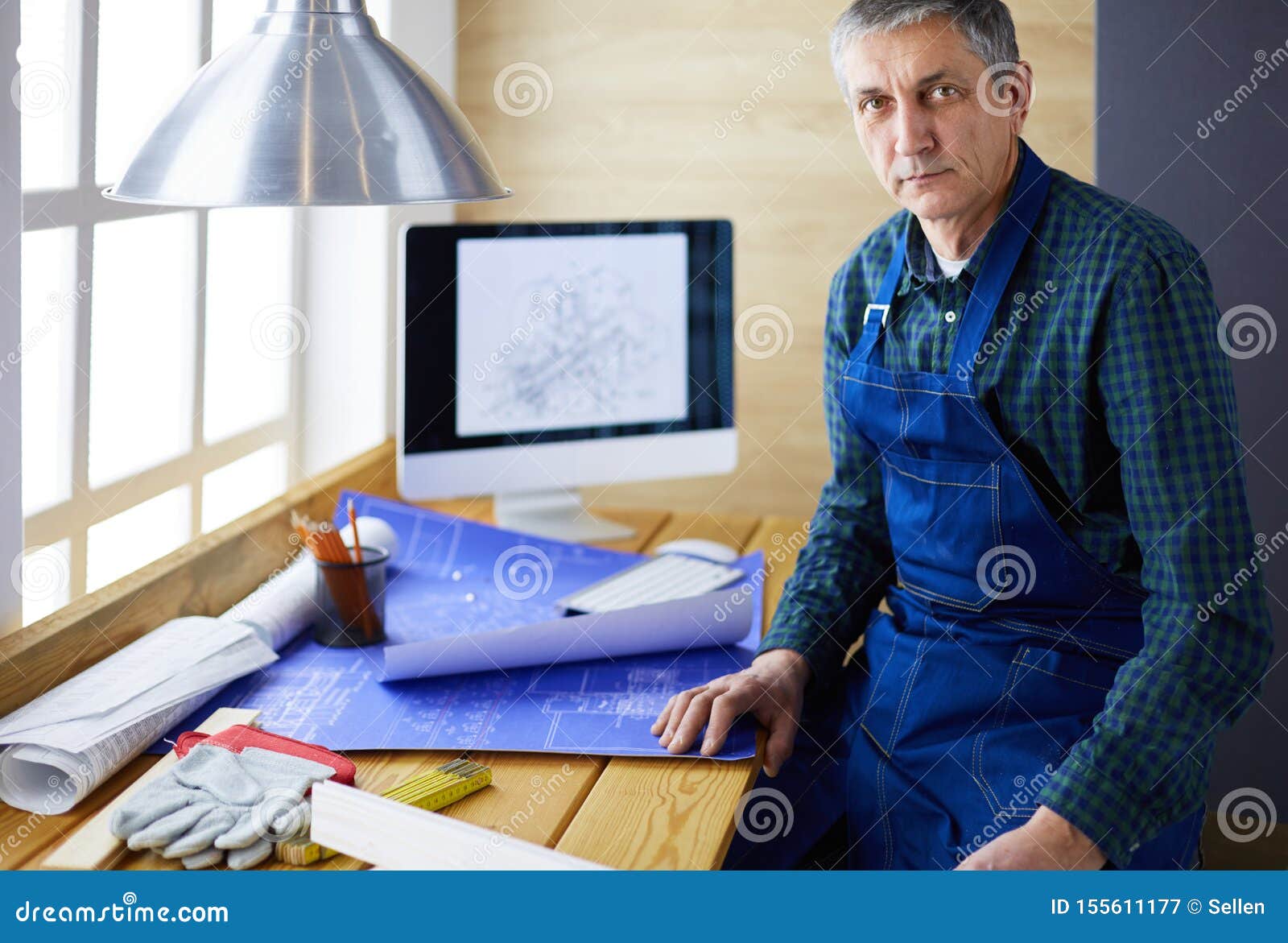 Architect Working on Drawing Table in Office Stock Image - Image of ...