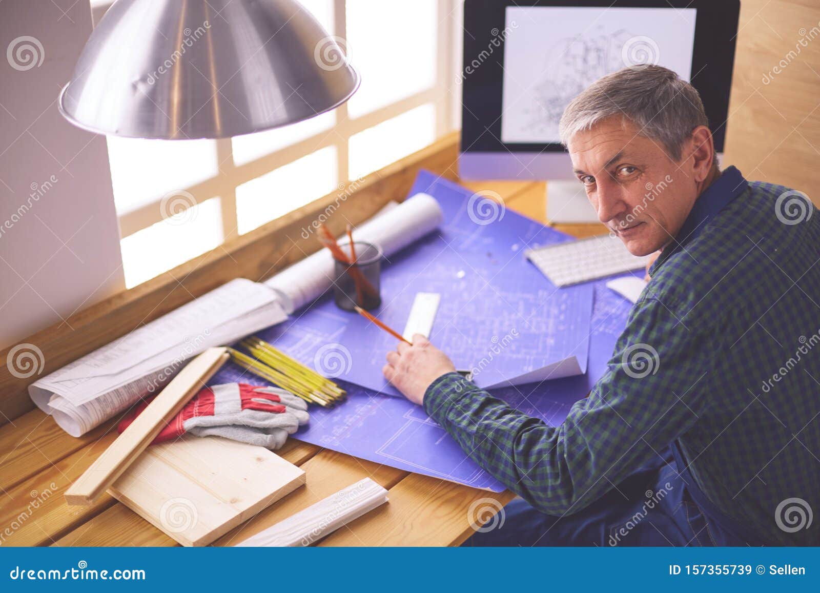 Architect Working on Drawing Table in Office Stock Image - Image of ...