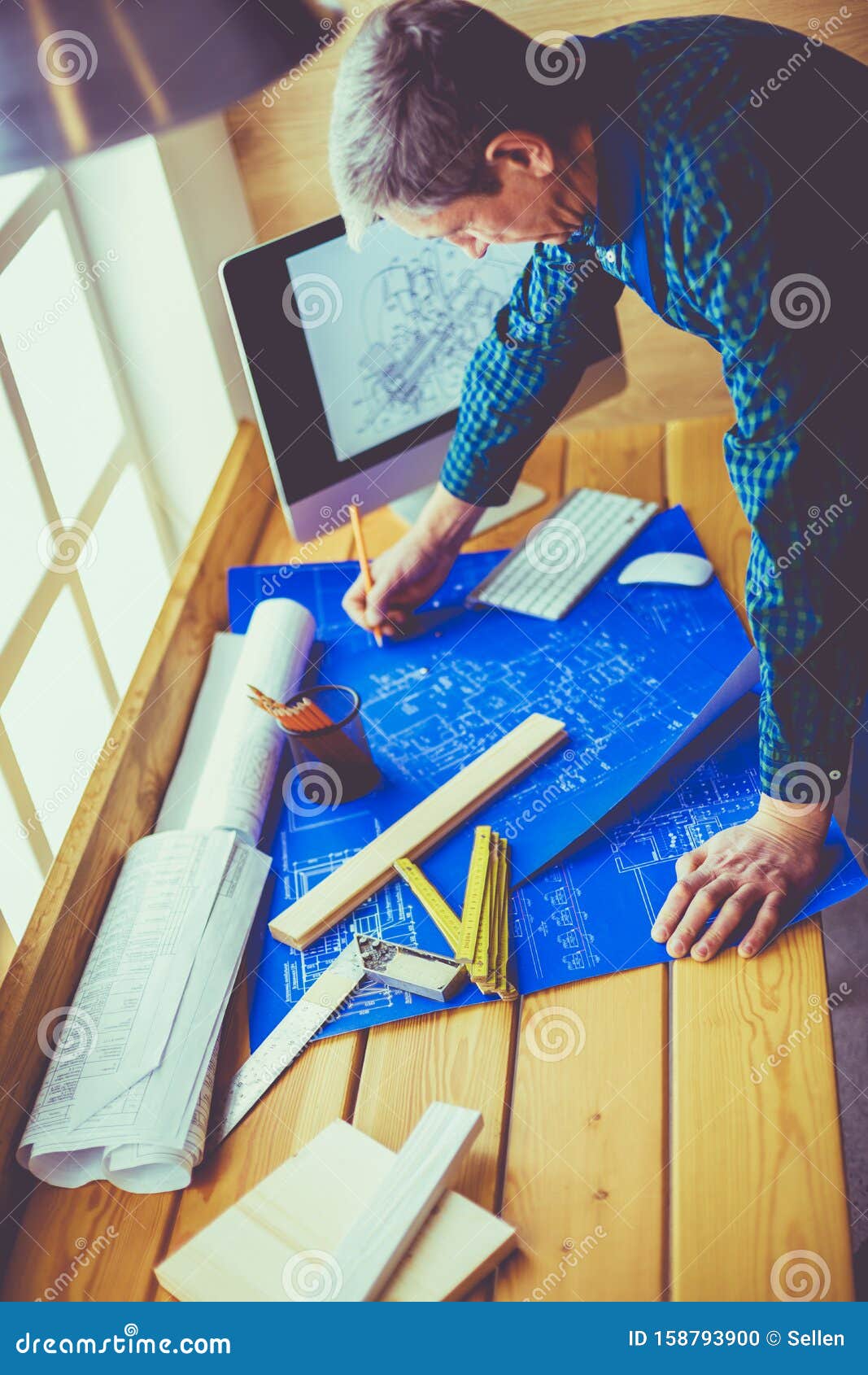 Architect Working on Drawing Table in Office Stock Photo - Image of ...