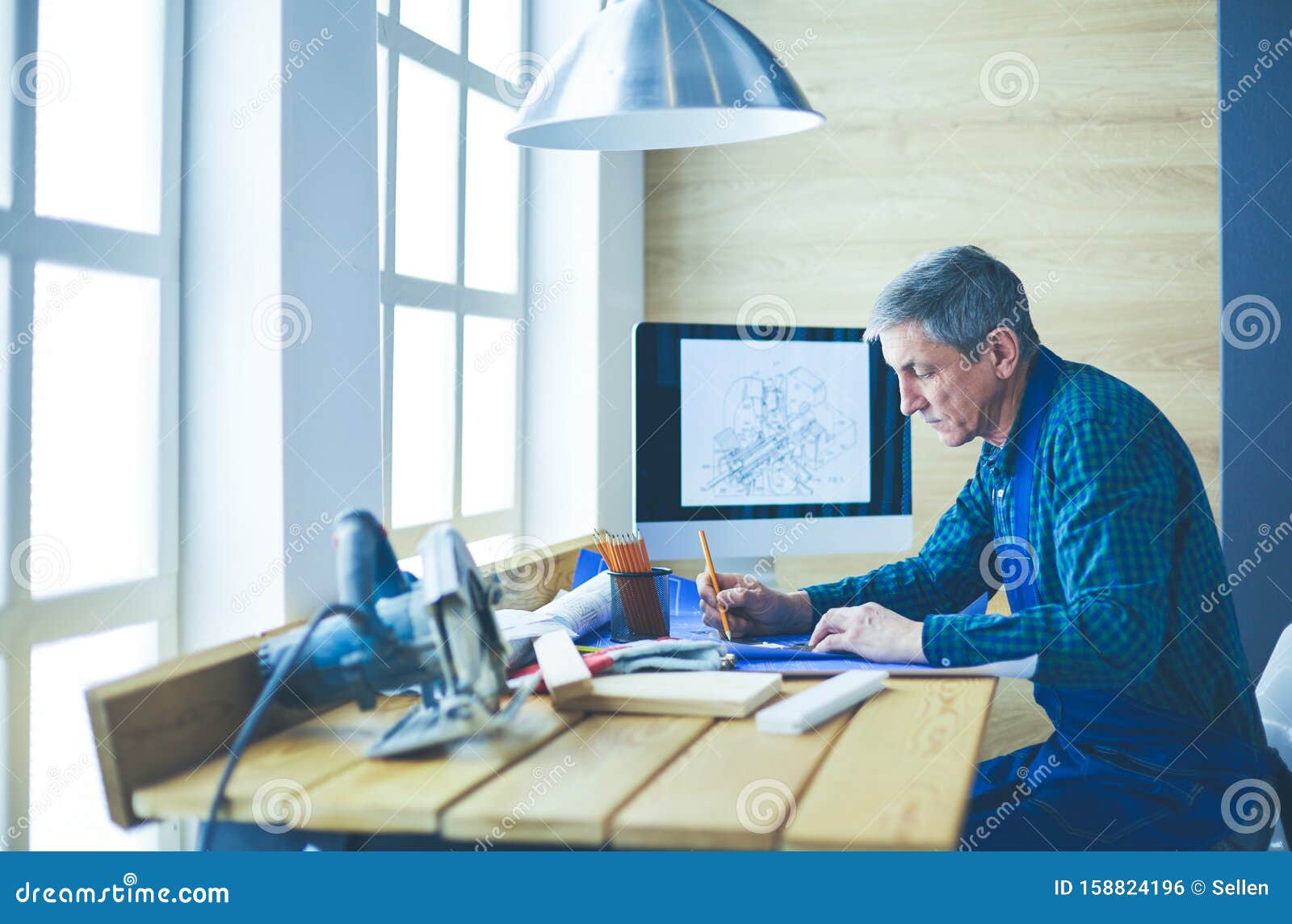 Architect Working on Drawing Table in Office Stock Photo - Image of ...