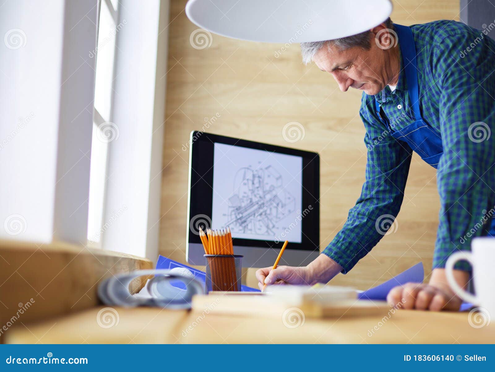 Architect Working on Drawing Table in Office Stock Photo - Image of ...