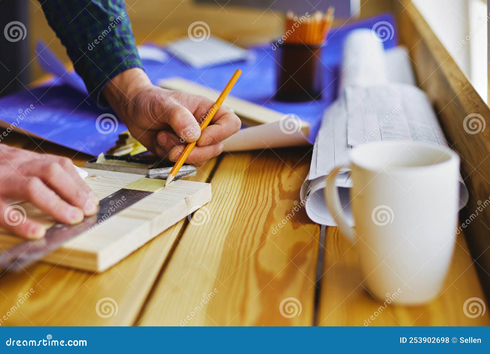 Architect Working on Drawing Table in Office Stock Photo - Image of ...