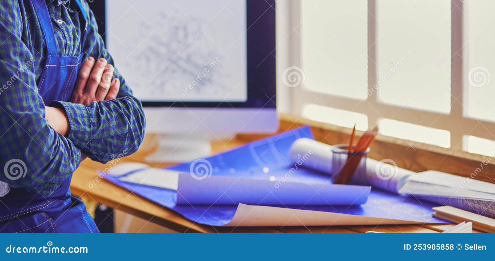 Architect Working on Drawing Table in Office Stock Photo - Image of ...