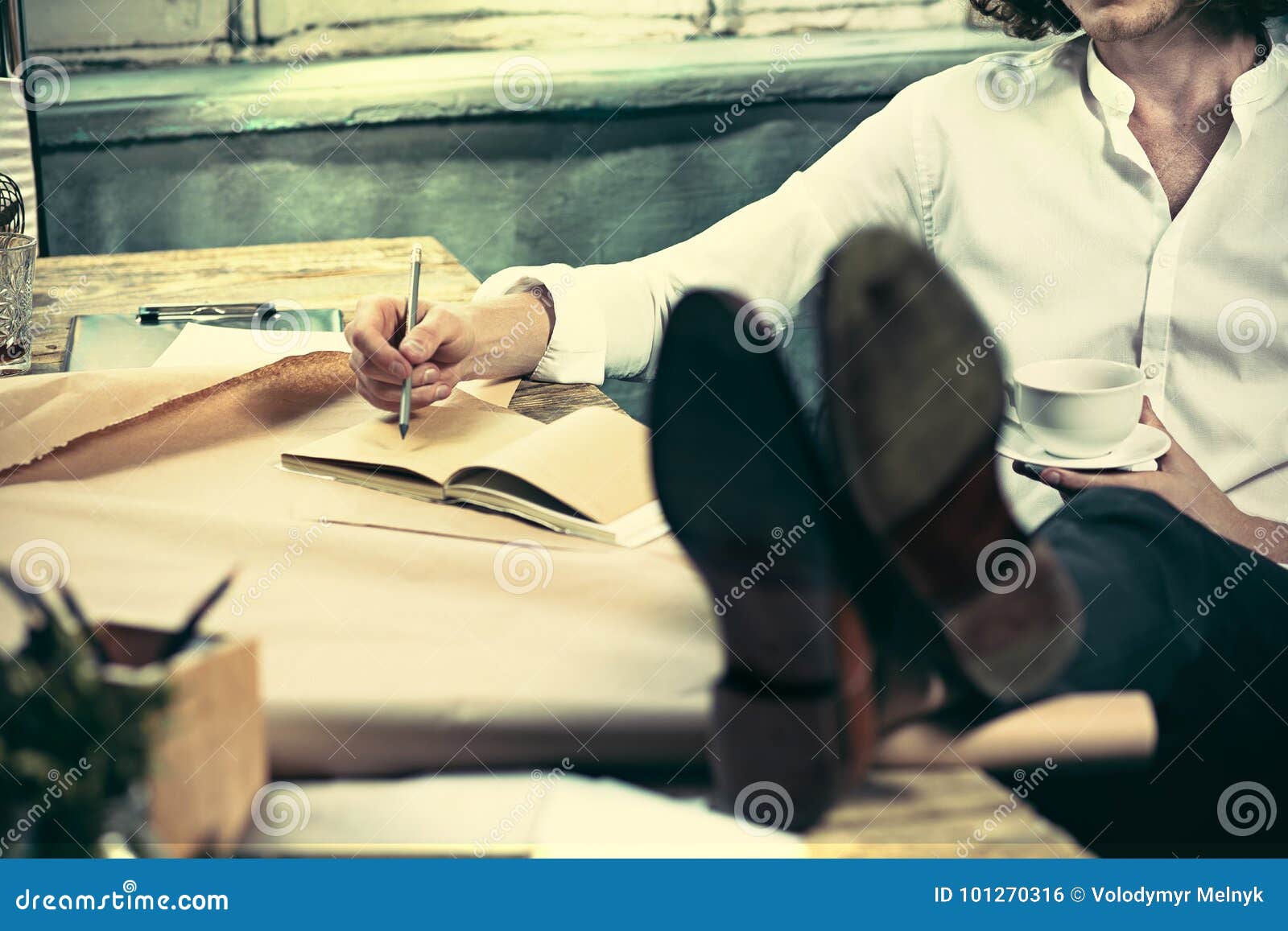 Architect Working on Drawing Table in Office Stock Photo - Image of ...
